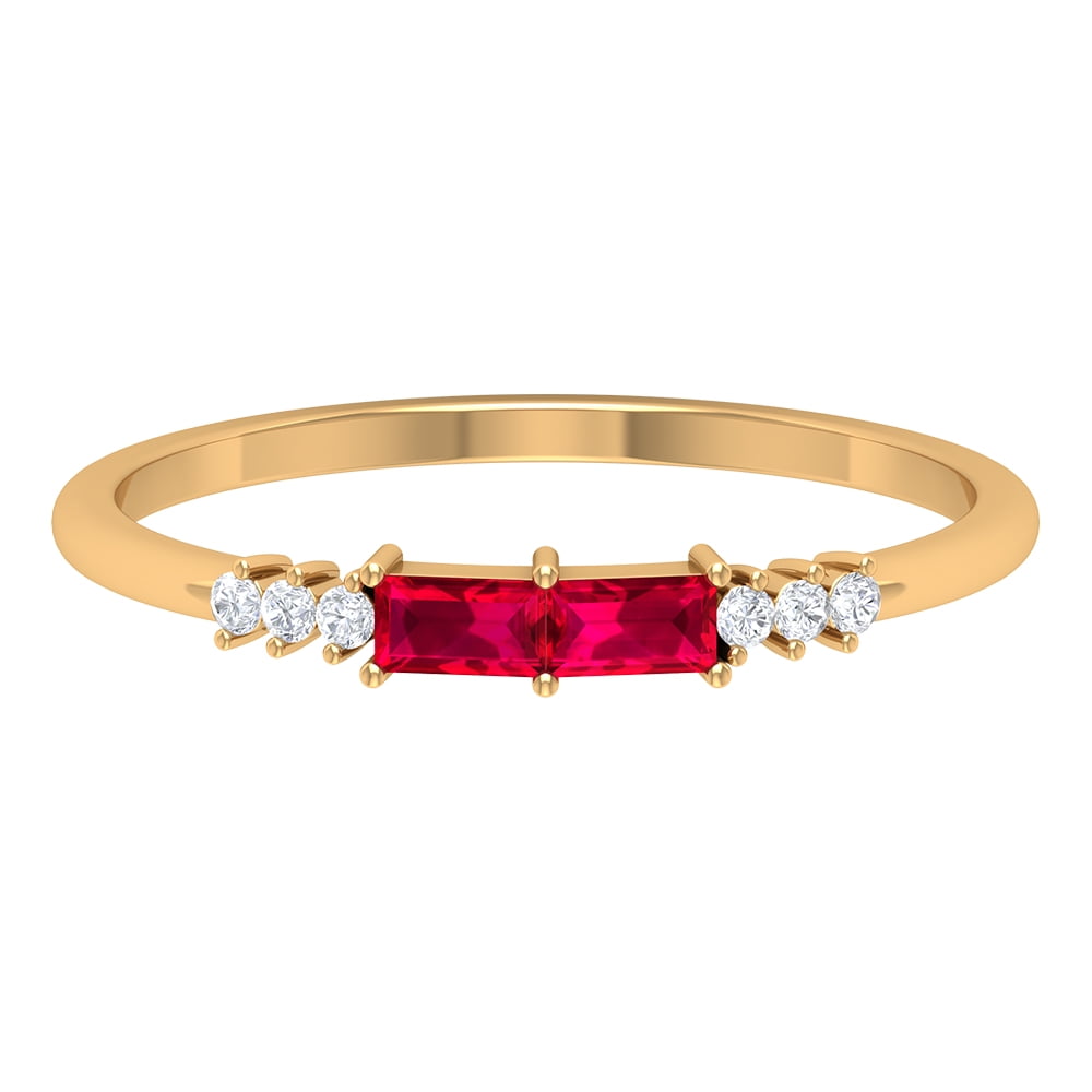 Rosec Jewels 0.50 CT Baguette Shape Ruby Stackable Ring with Diamond, 14K Yellow Gold, US 3.00 ...