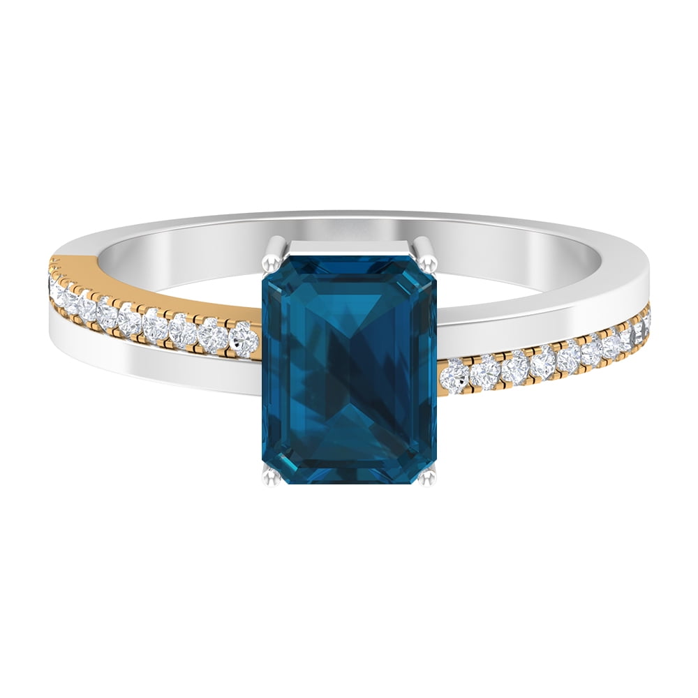 Rosec Jewels 1.75 CT Octagon Cut London Blue Topaz Solitaire Ring with Diamond Side Stone, 18K ...
