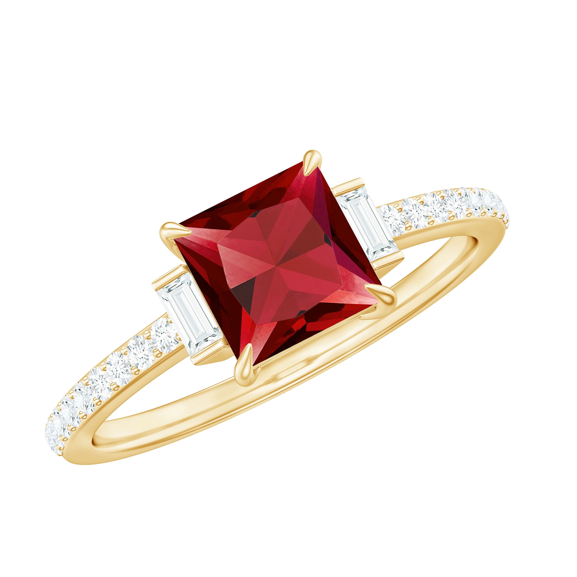 Rosec Jewels 2 CT Claw Set Princess Cut Created Ruby Solitaire Ring with Diamond Side Stones ...