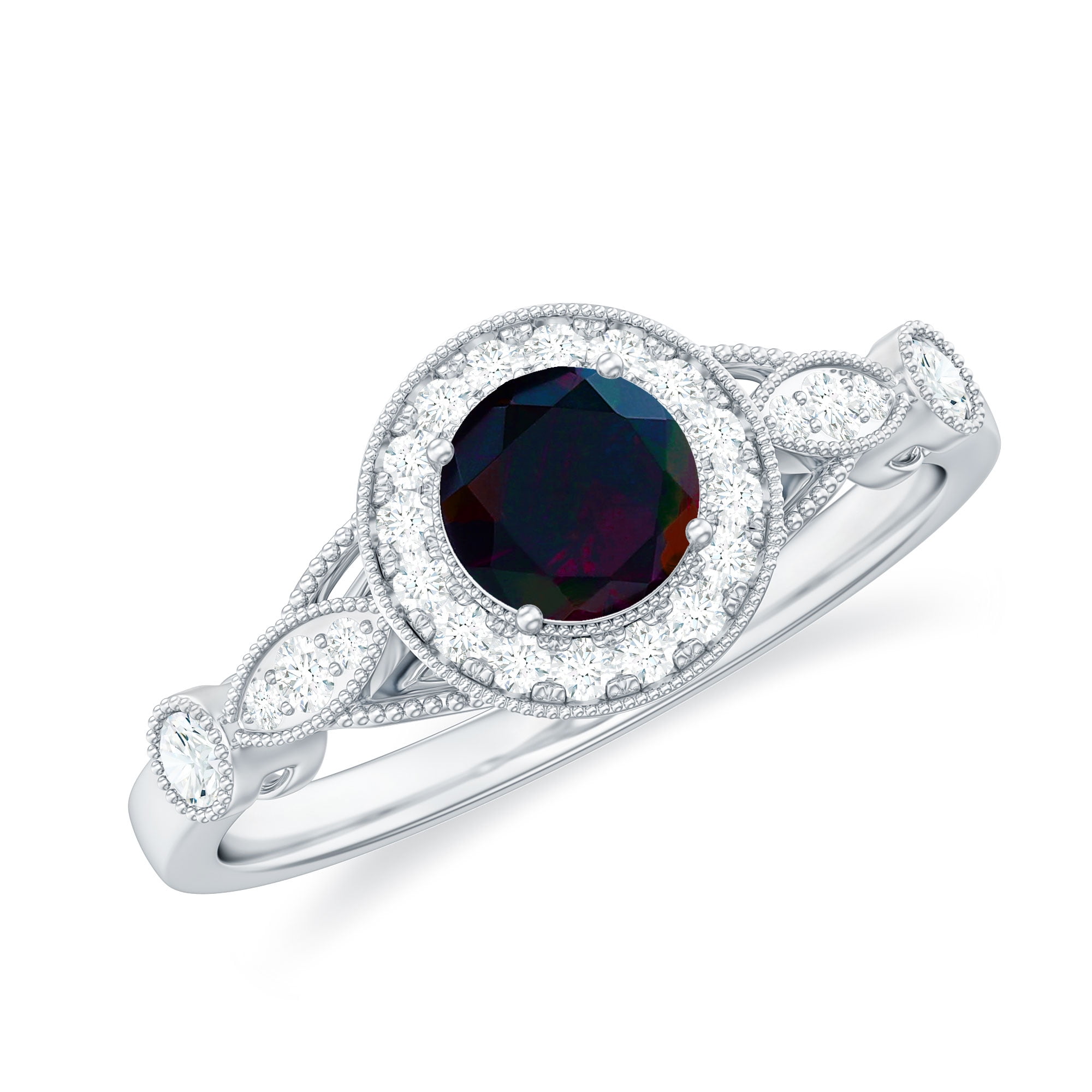 Rosec Jewels Black Opal Ring for Women with Diamond Halo, Vintage Style ...