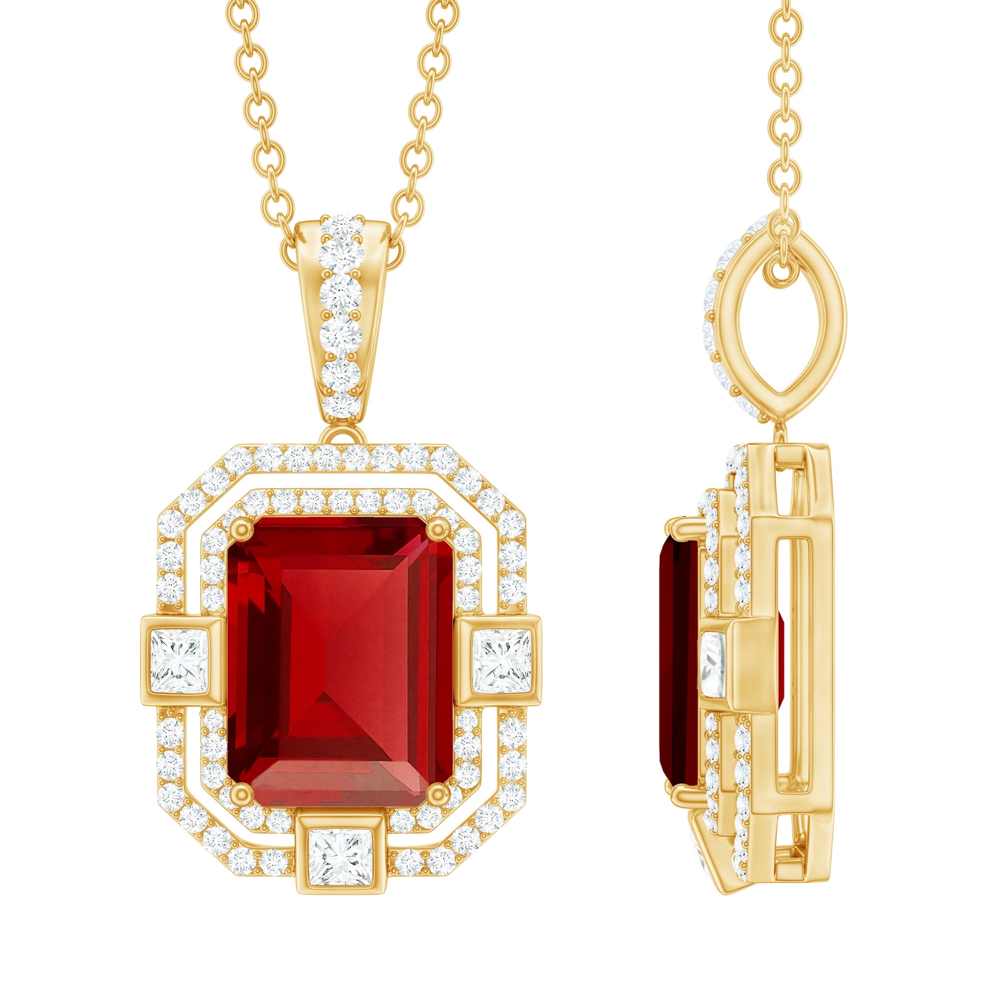 Rosec Jewels Emerald Cut Created Ruby Pendant Necklace with Moissanite ...