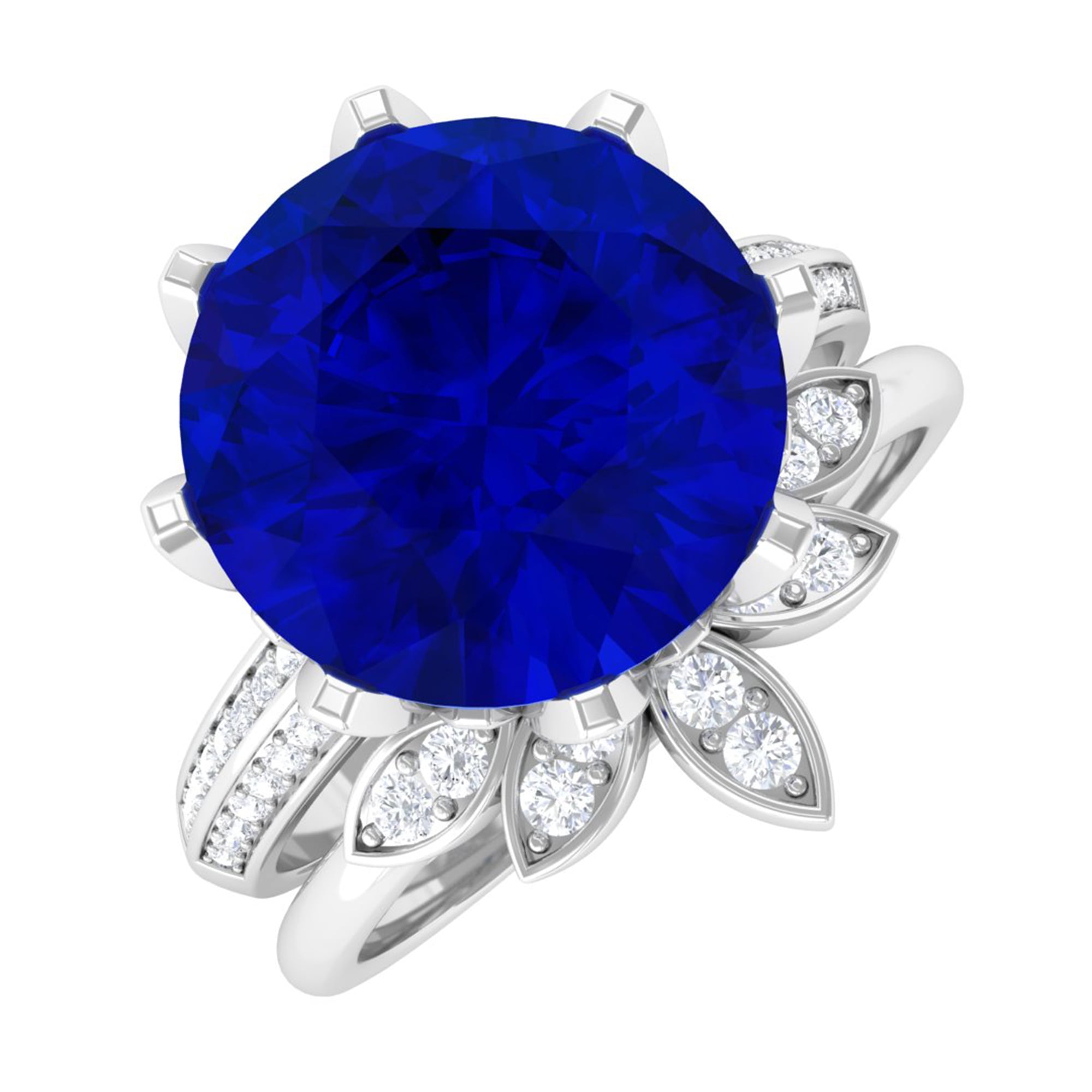 Rosec Jewels Lab Grown Blue Sapphire Ring Set with Diamond - Floral Bridal Ring Set, 18K White ...
