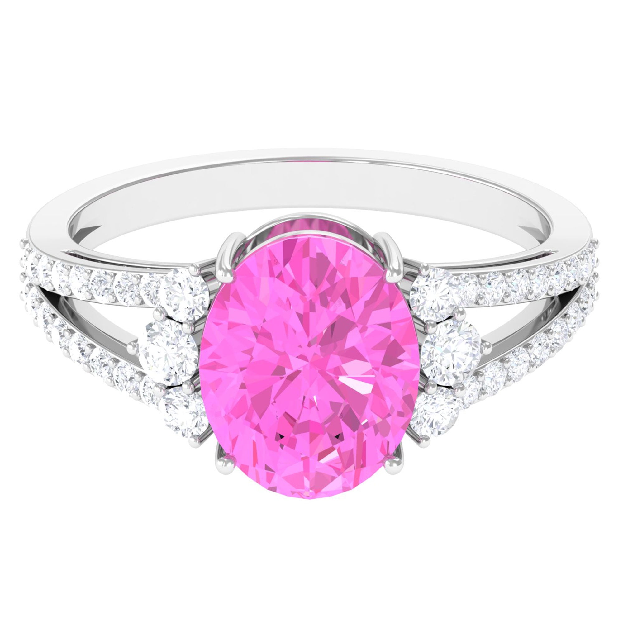Lab Grown Pink Sapphire Ring for Women with Moissanite - 8X10 MM Oval Shape Sapphire, 18K White ...