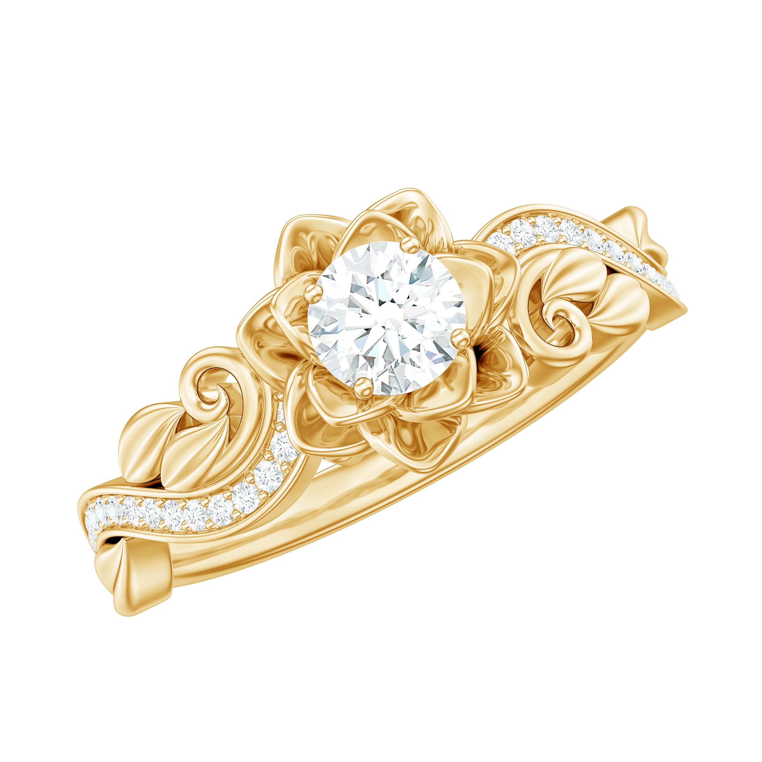 Rosec Jewels Nature Inspired Floral Engagement Ring with Moissanite (D-VS1 Quality), 14K Yellow ...