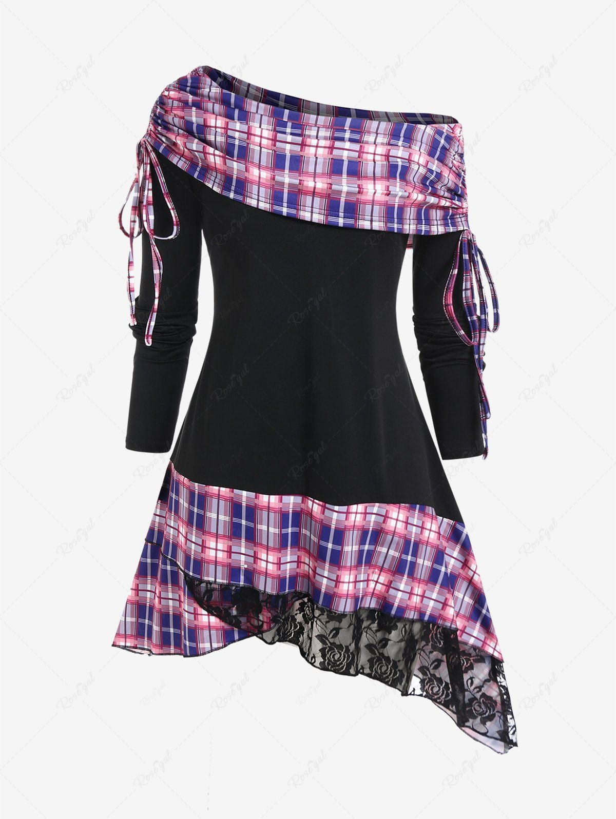 Rosegal Plus Size Cinched Ruched Plaid Panel Lace Hem Asymmetrical ...