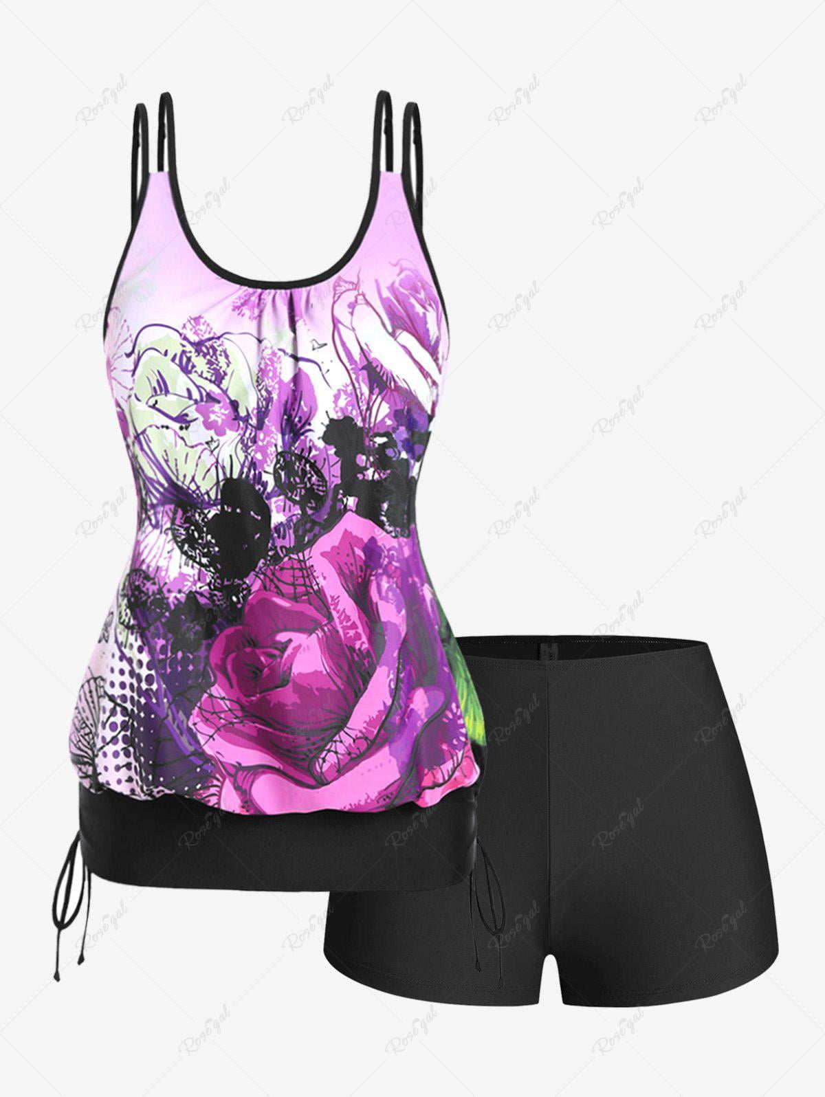 Rosegal Plus Size Rose Printed Cinched Backless Padded Boyleg Blouson ...