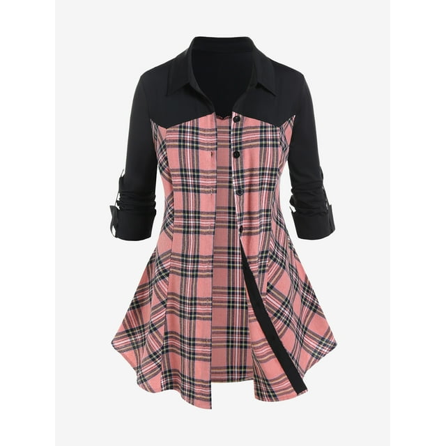 Rosegal Womens Plus Size Colorblock Plaid Roll Up Sleeves Shirt