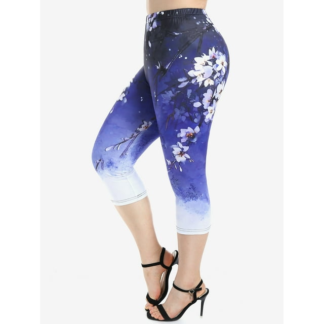 Rosegal Womens Plus Size High Waist Floral Print Capri Skinny Leggings