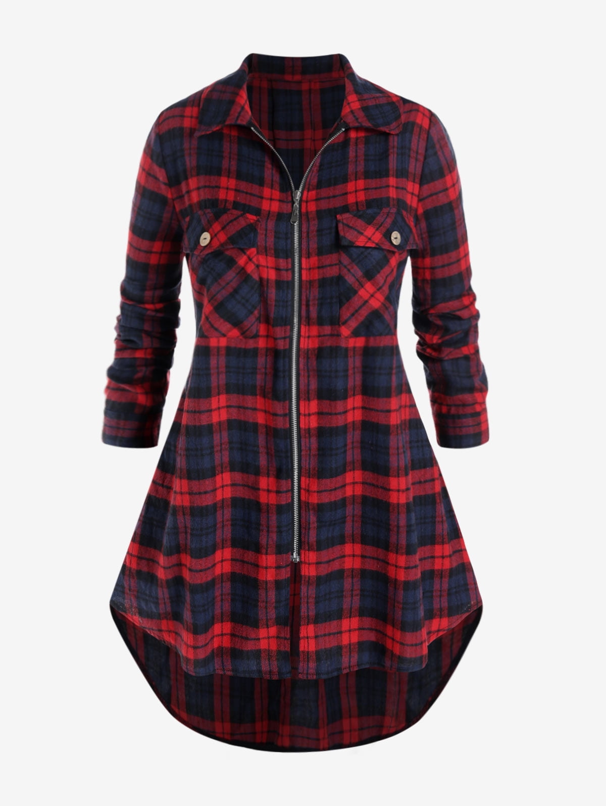 Rosegal Women's Plus Size Plaid Pockets Zipper Fly High Low Shirt ...