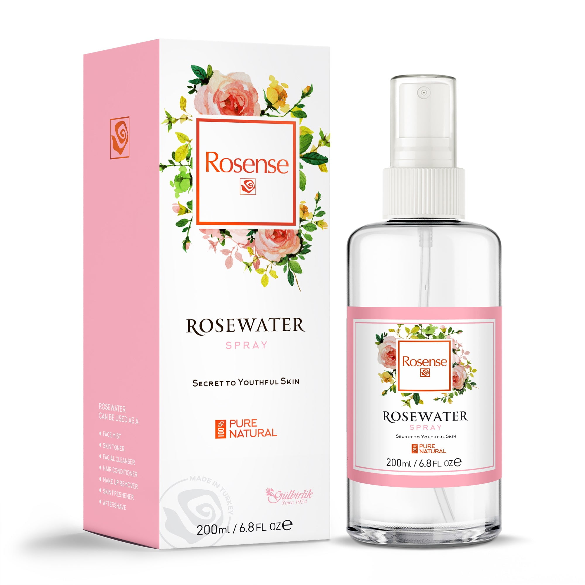 Rosense Pure Natural Rose Water Facial Mist and Toner in Glass Spray ...