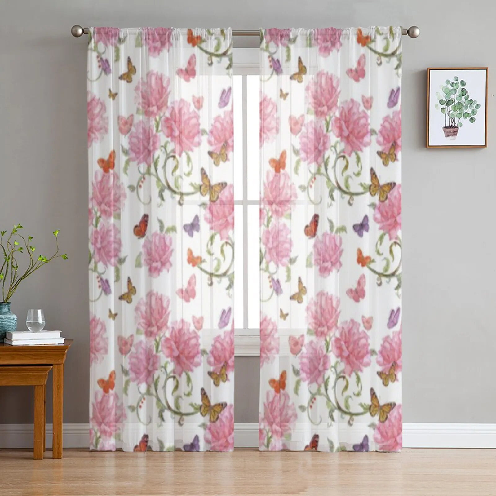 Roses And Baroque Floral Watercolor Bay Window Screening Curtains Voile ...