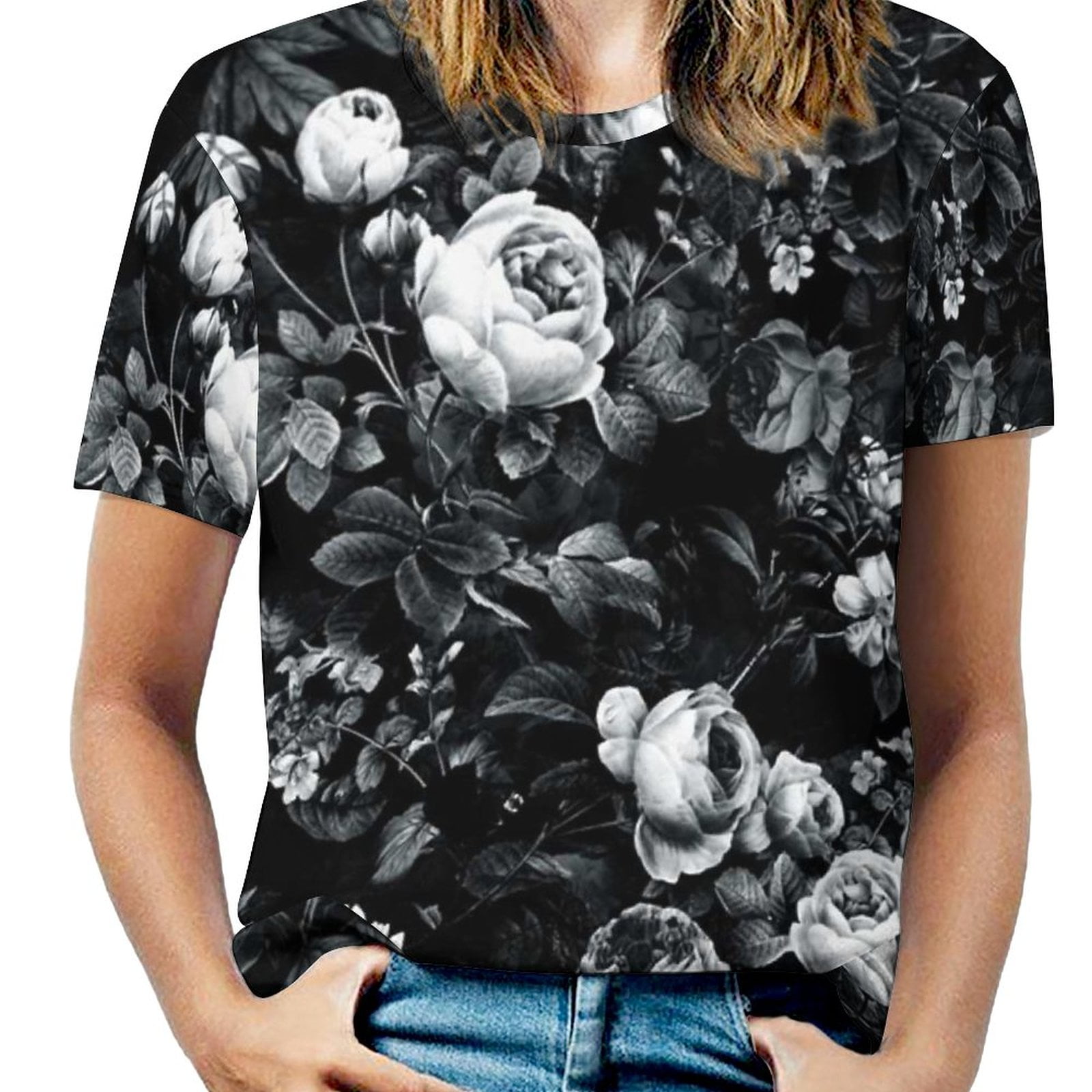 Roses Black And White 2266 Women Print T Shirt Casual Off Shoulder ...