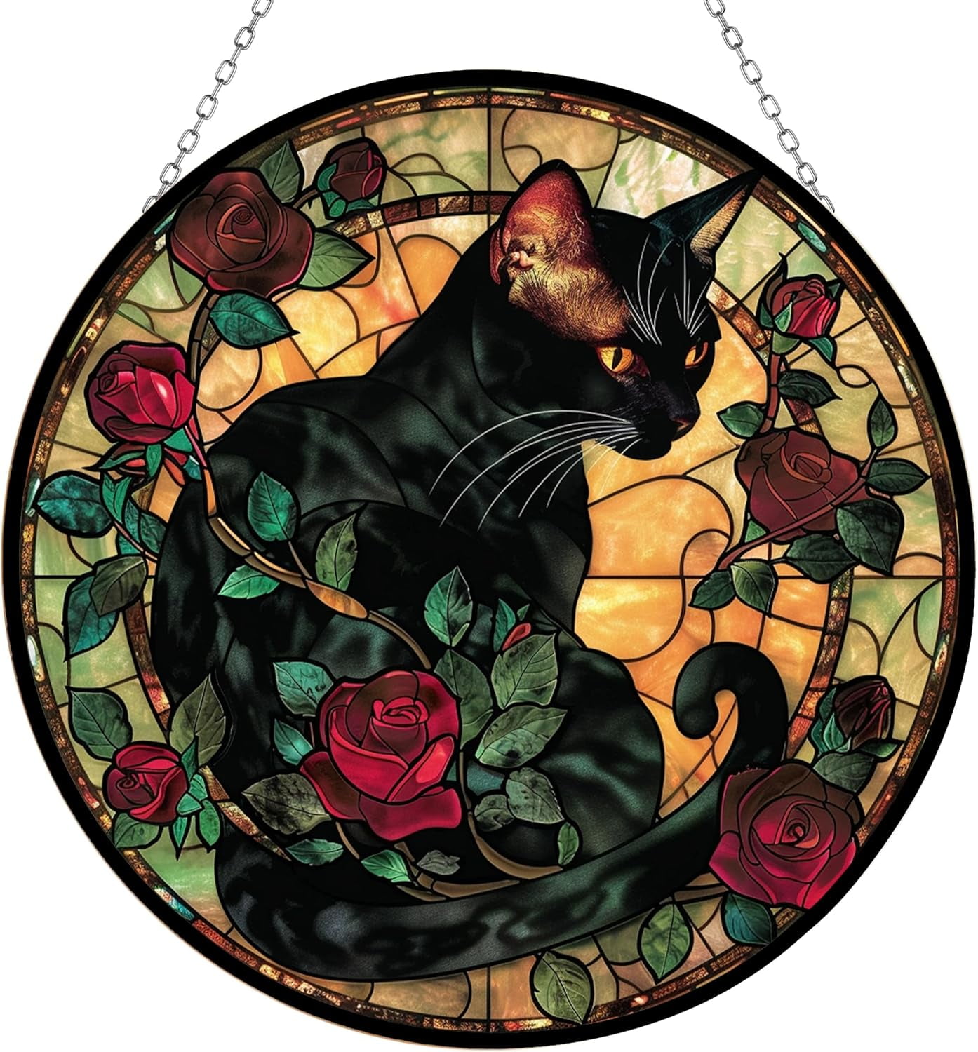 Roses Black Cat Gothic Stained Glass Window Hanging Suncatcher Glass ...