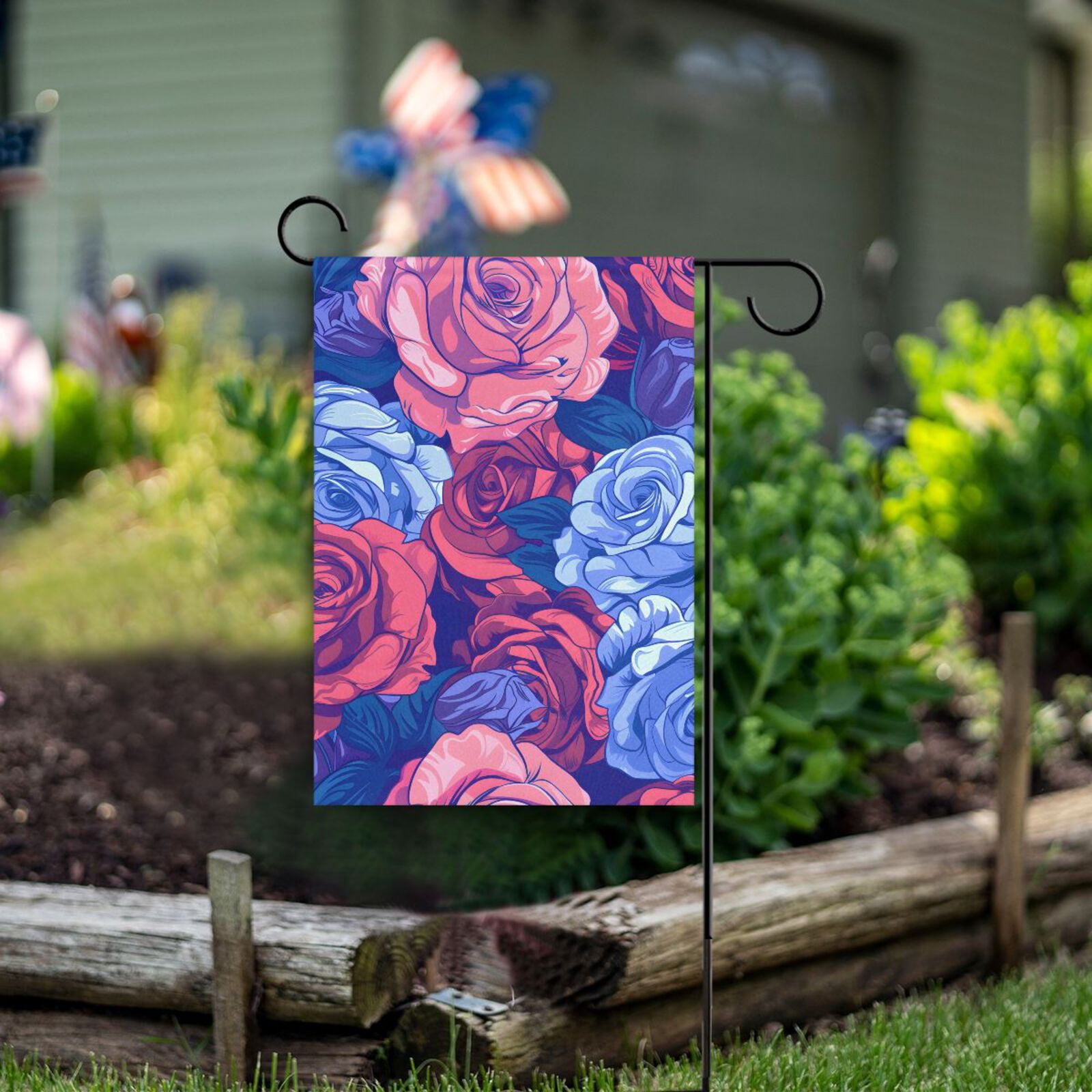 Roses Blue Red Garden Flag Double Sided Outdoor Banners for Courtyard ...