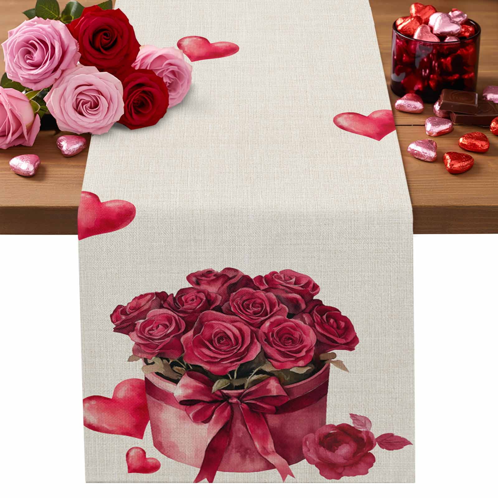 Roses Bow Box Table Runner 13 x 108 Inch, Valentine's Day Love Heart ...