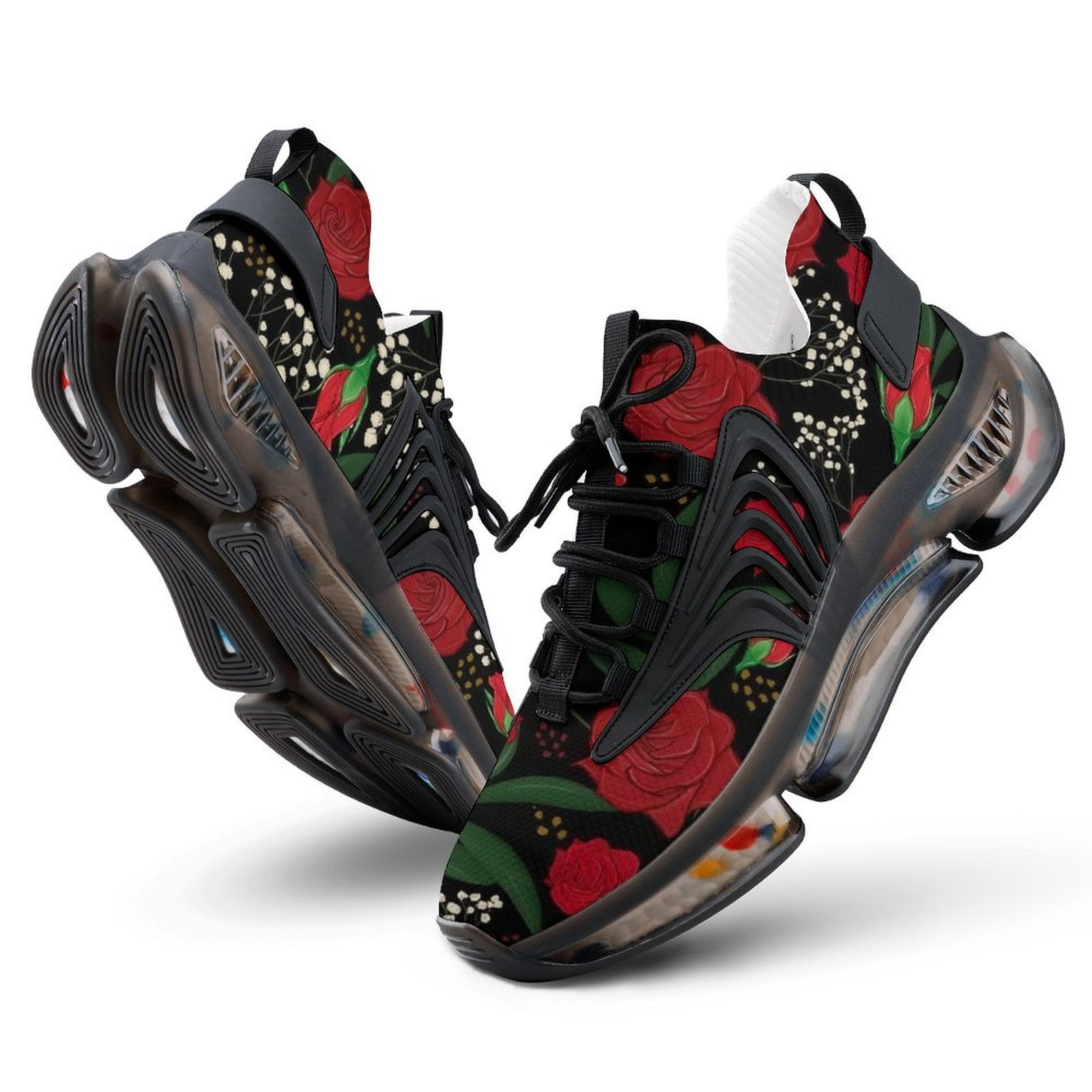 Roses Buds Leaves Black Walking Shoes for Men Woman Lightweight Tennis ...