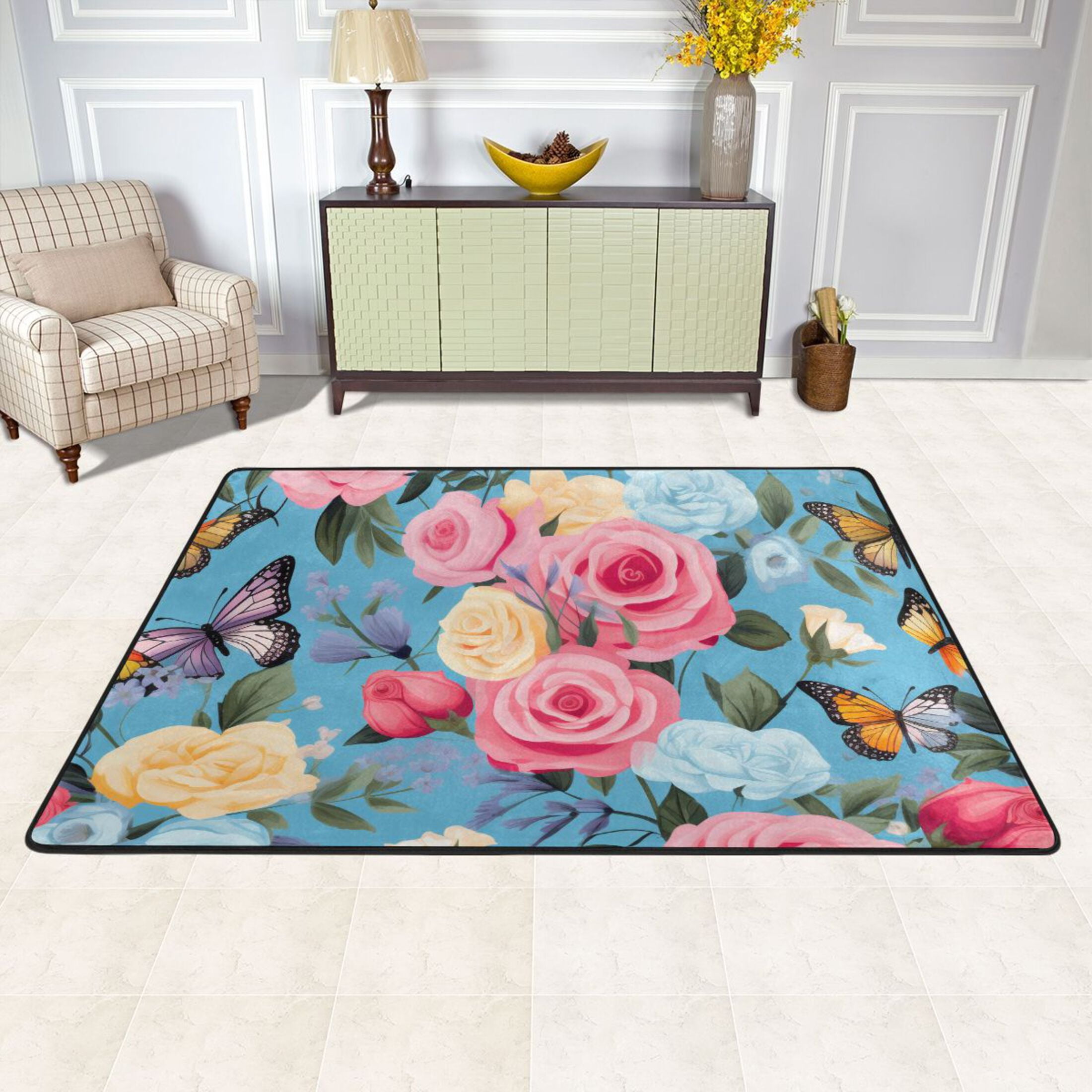 Roses and Butterflies Floral Area Floor Mats 72" x 48" Soft Non-Slip ...