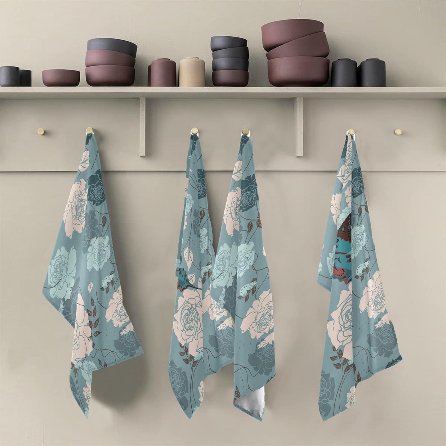 Roses Butterflies Kitchen Dish Towels Set of 6 Absorbent Hand Towels ...