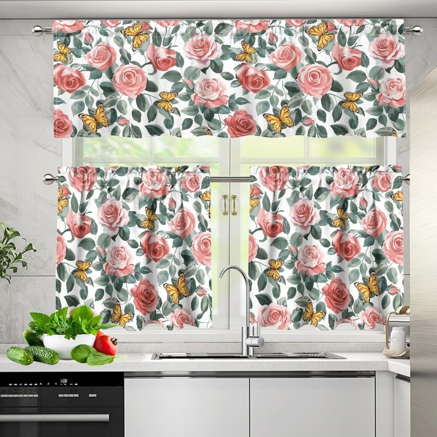 Roses Butterfly Rod Pocket Kitchen Curtain Valance and Tiers Set 54"x18 ...