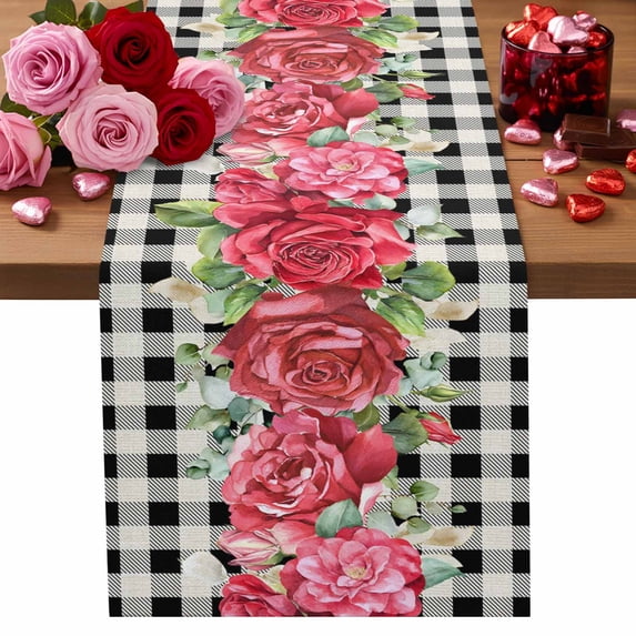 Roses Eucalyptus Leaf Cotton Linen Table Runner Valentine's Day Black ...