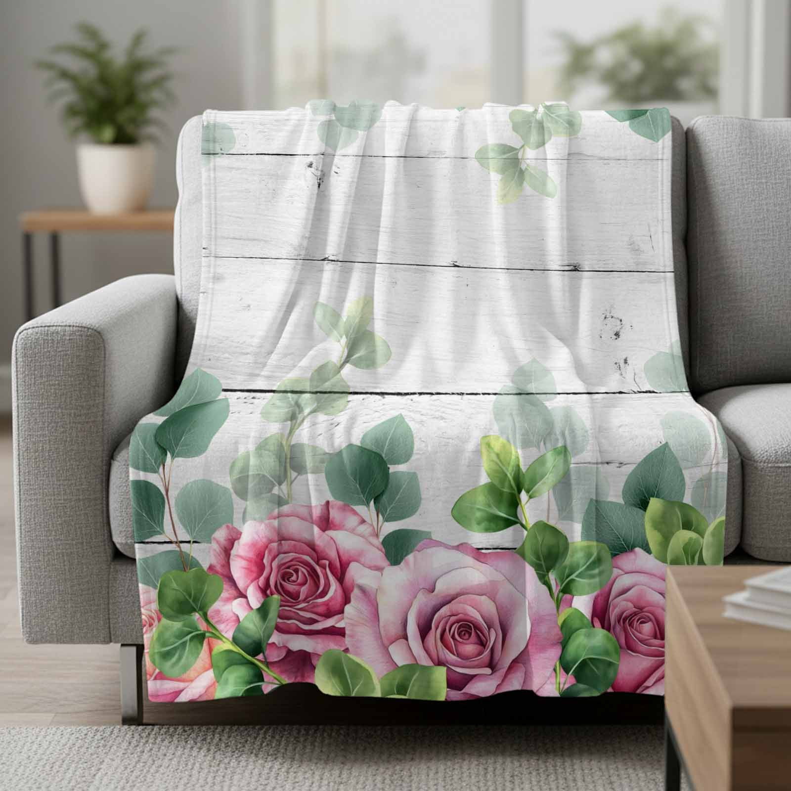 Roses Eucalyptus Leaf Fleece Throw Blanket Spring Watercolor Floral ...