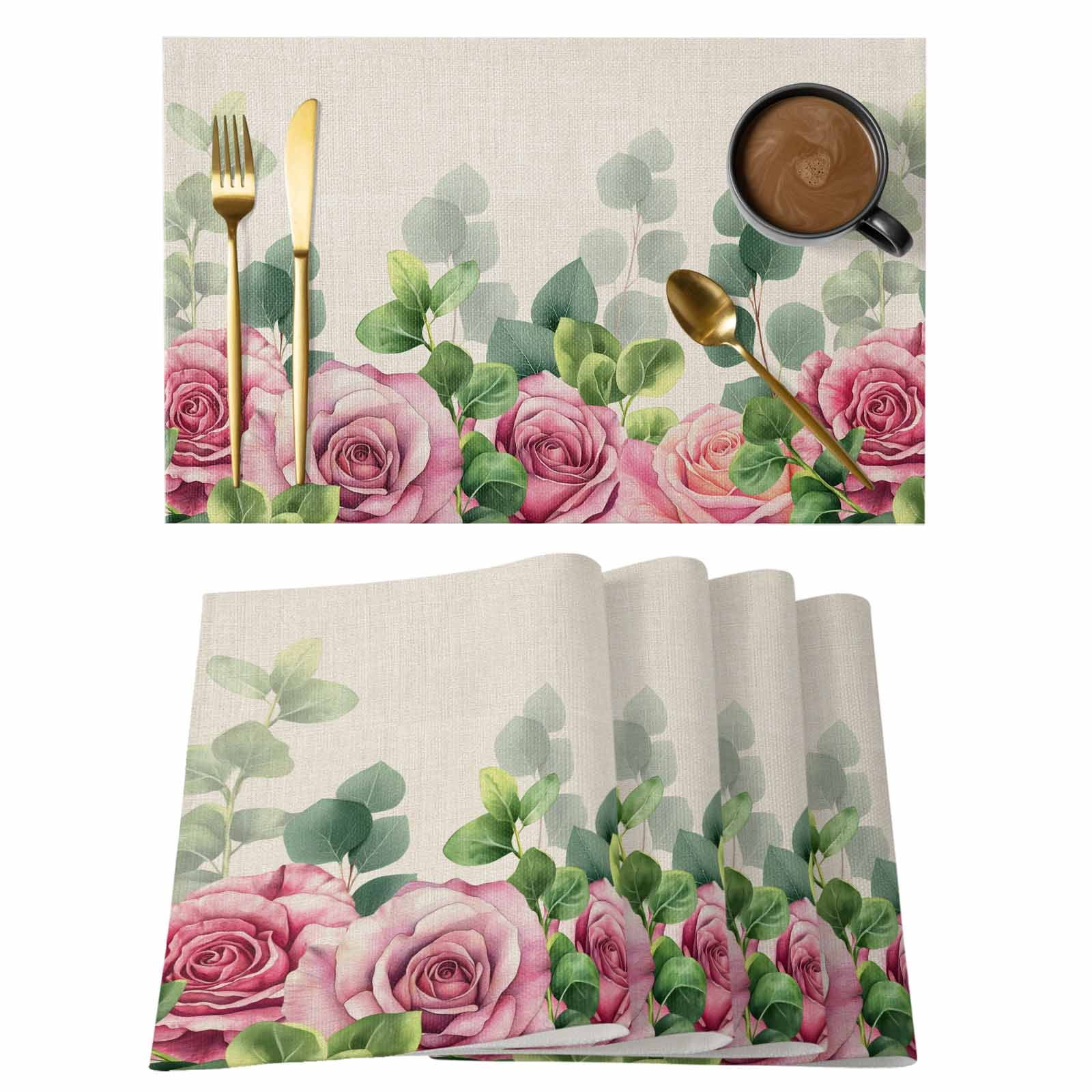 Roses Eucalyptus Leaf Placemats Set of 1, Spring Watercolor Floral ...