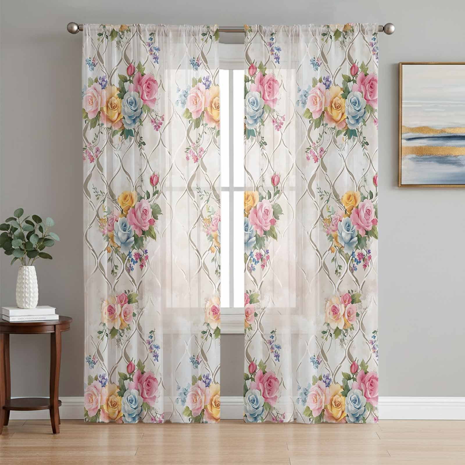 Roses Floral Sheer Curtains 96 Inch Length 2 Panels Set, Rustic Vintage ...