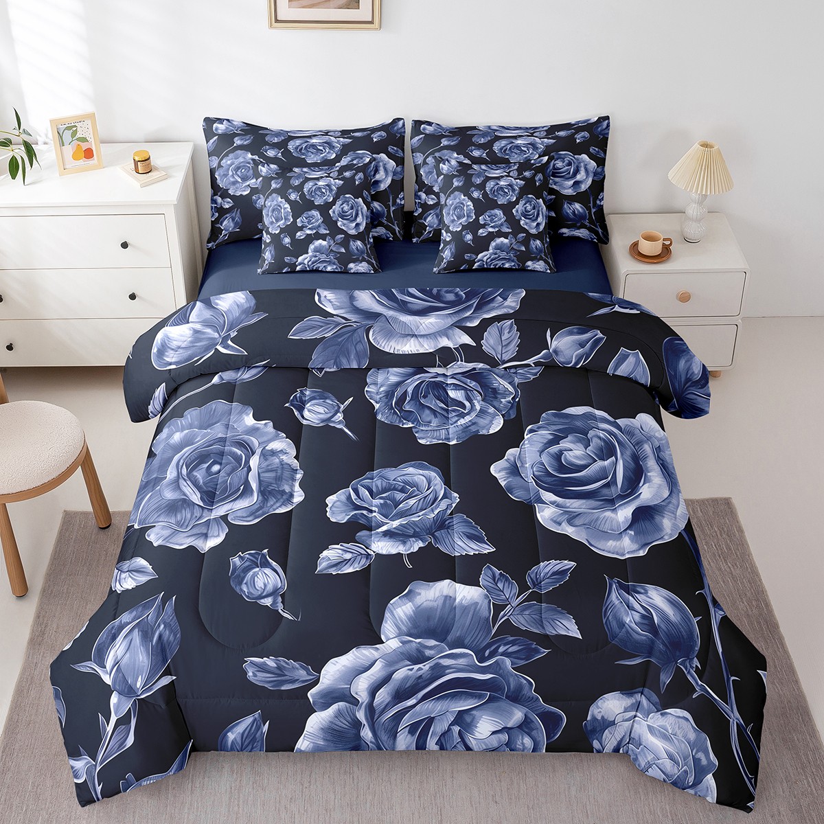 Roses Flower Bedding Set Full Size,Blue Florals Botanical Soft ...