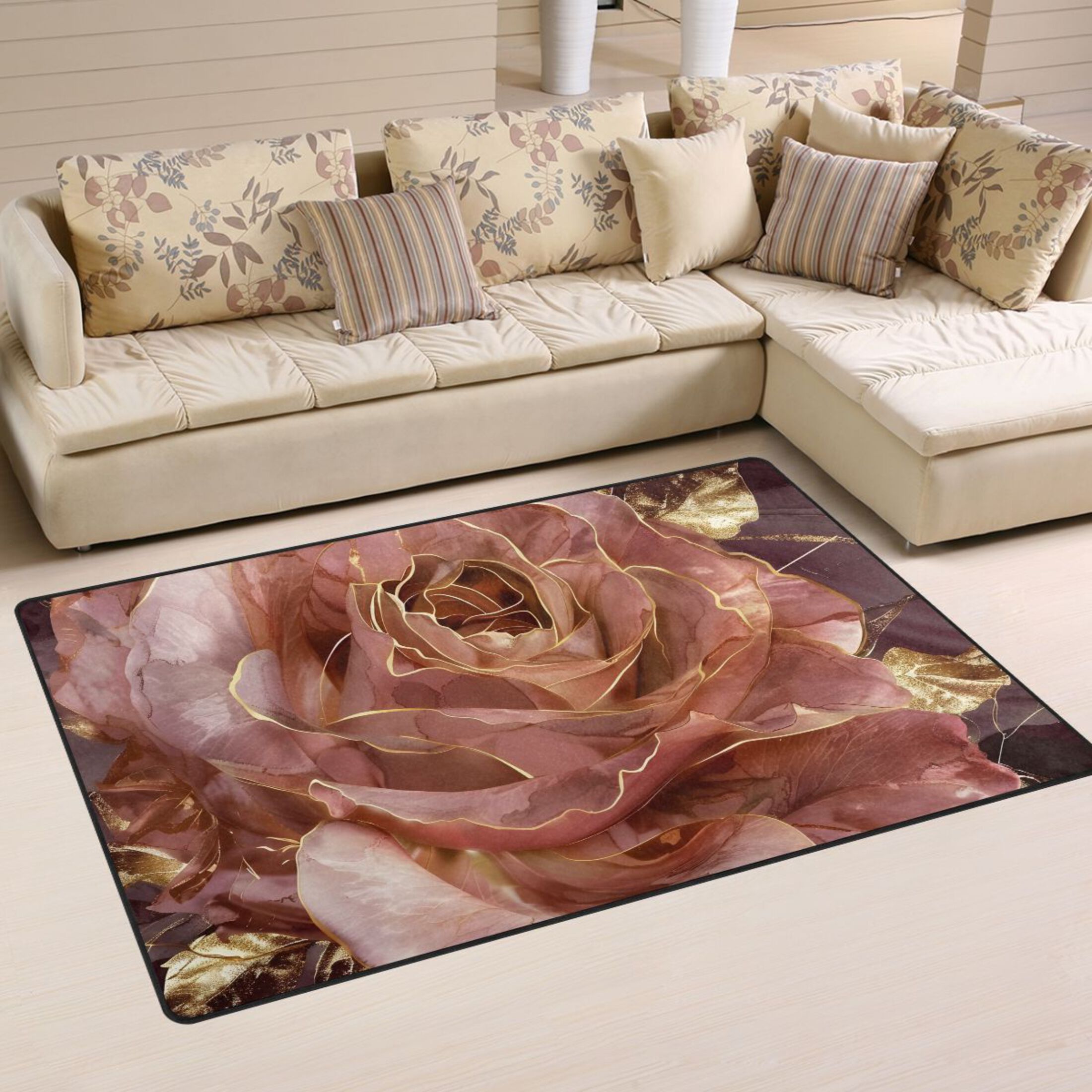 Roses Flower Gold Leaf Area Floor Mats Non-Slip Rugs Soft Doormat 60 x ...