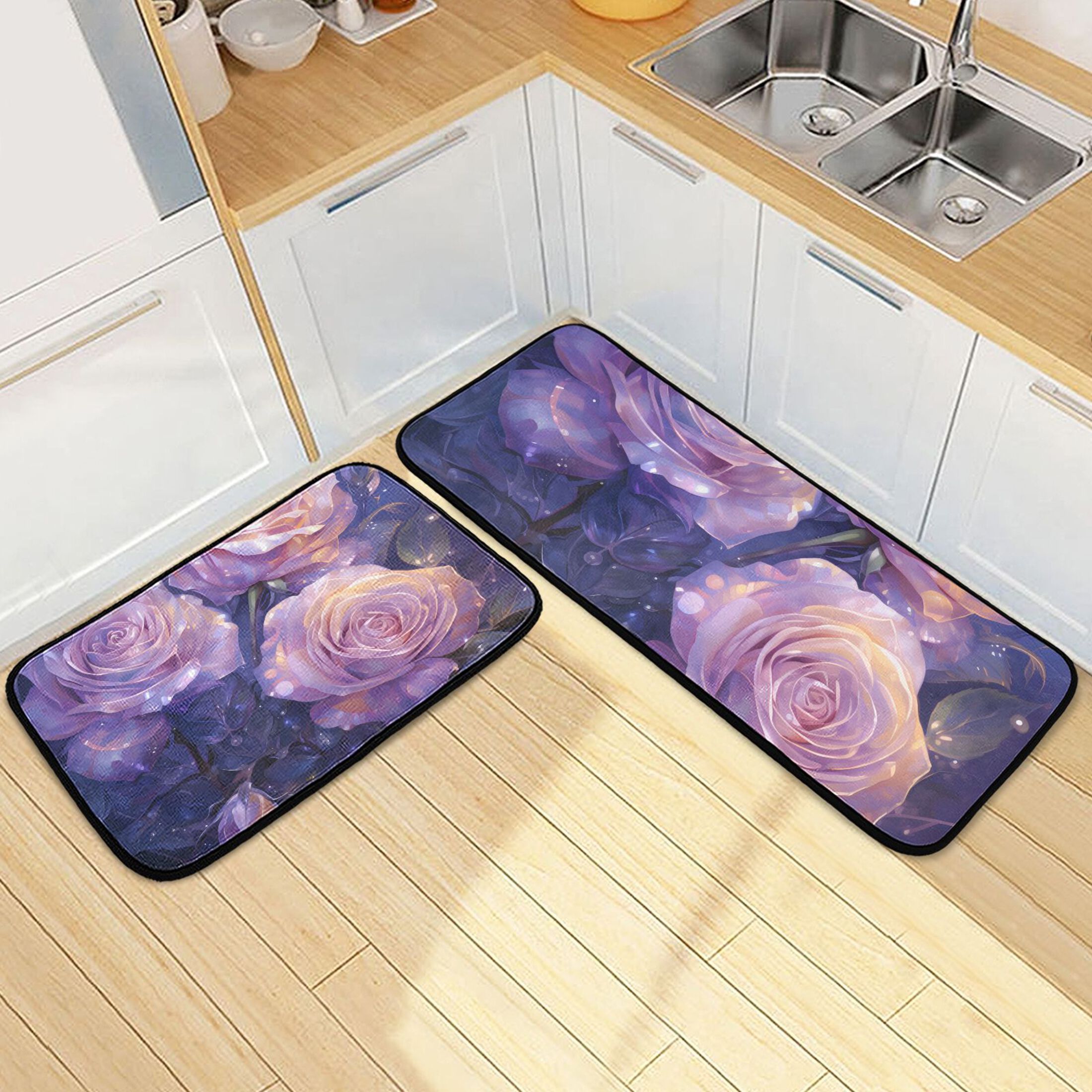 Roses Flowers Purple Kitchen Rugs Set of 2 Non Slip Floor Foam Mat ...