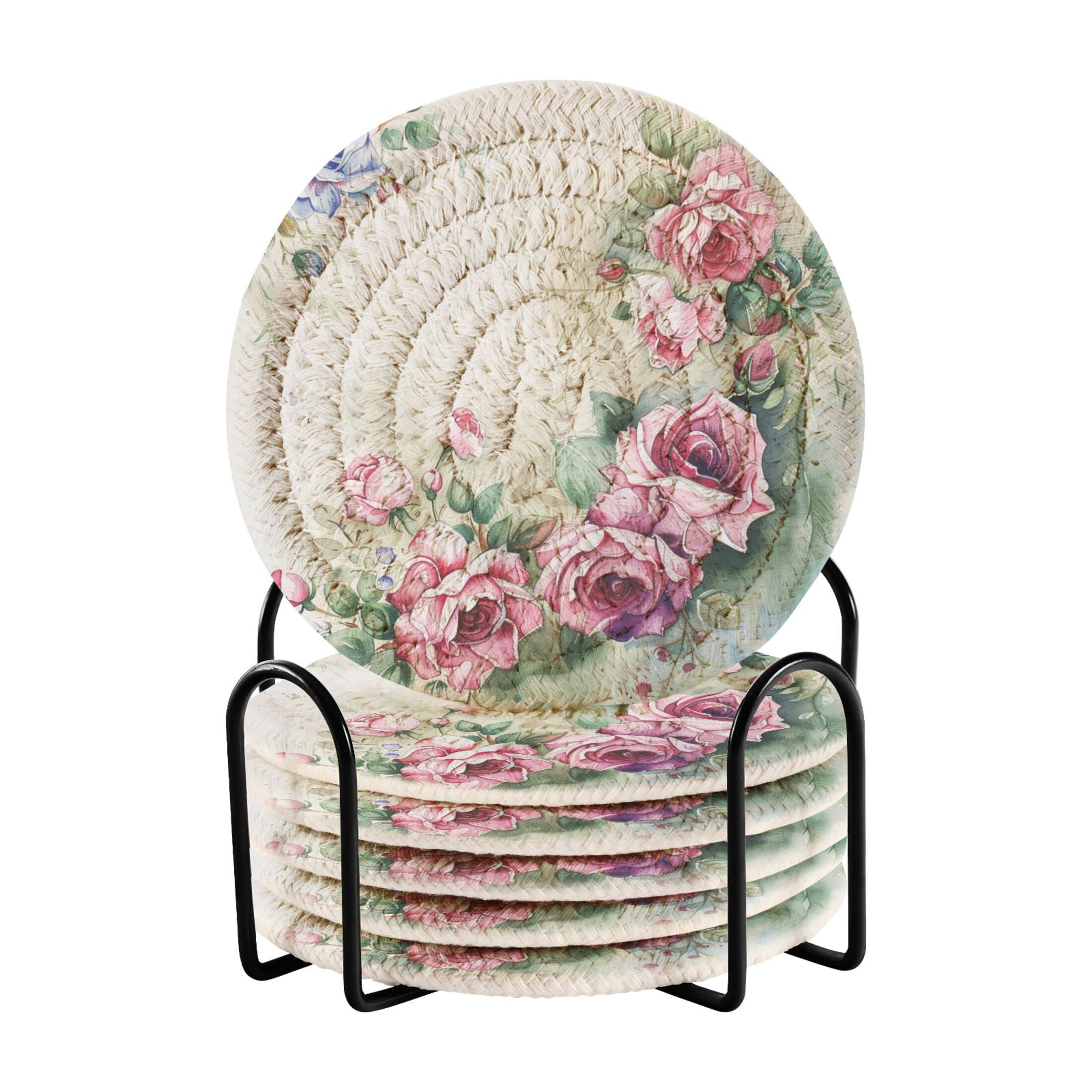 Roses Flowers Watercolor 6 Pcs Drink Coasters with Holder Absorbent ...