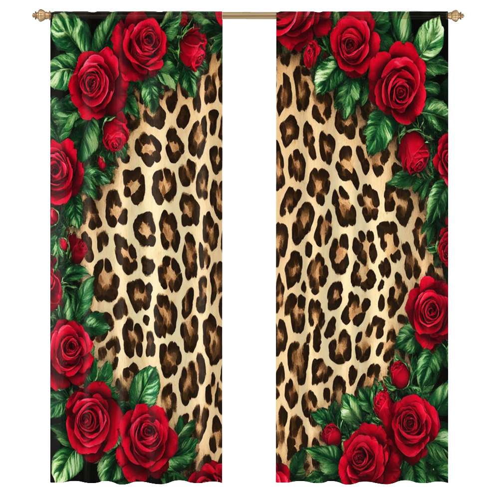 Roses Frame Leopard Print Sheer Window Curtains for Living Room Kitchen ...