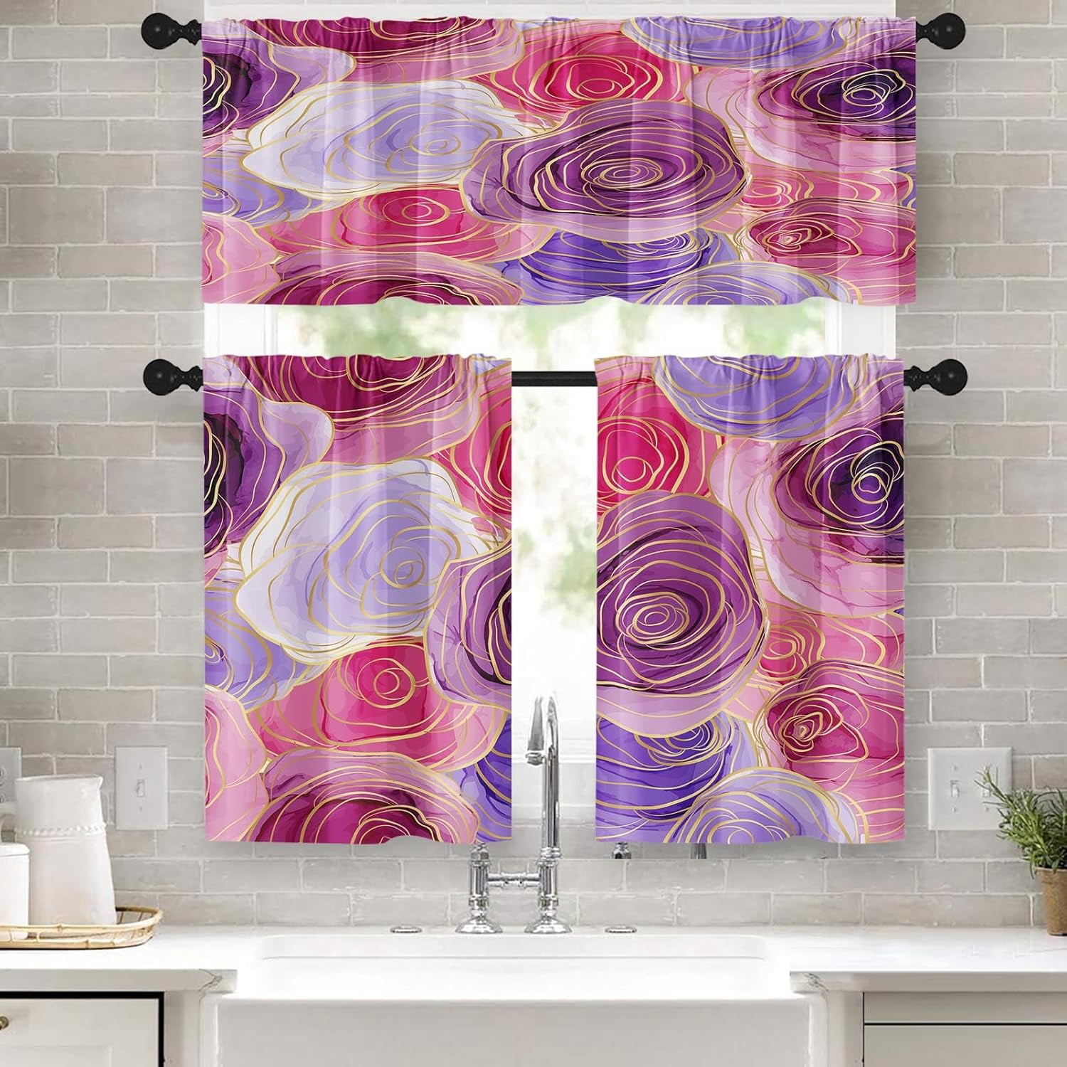 Roses Kitchen Window Curtains Valance and Tier Set 36 Inch, Purple ...
