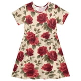 Roses Light Orange Background Short Sleeve Dress A-Line Cute Midi ...