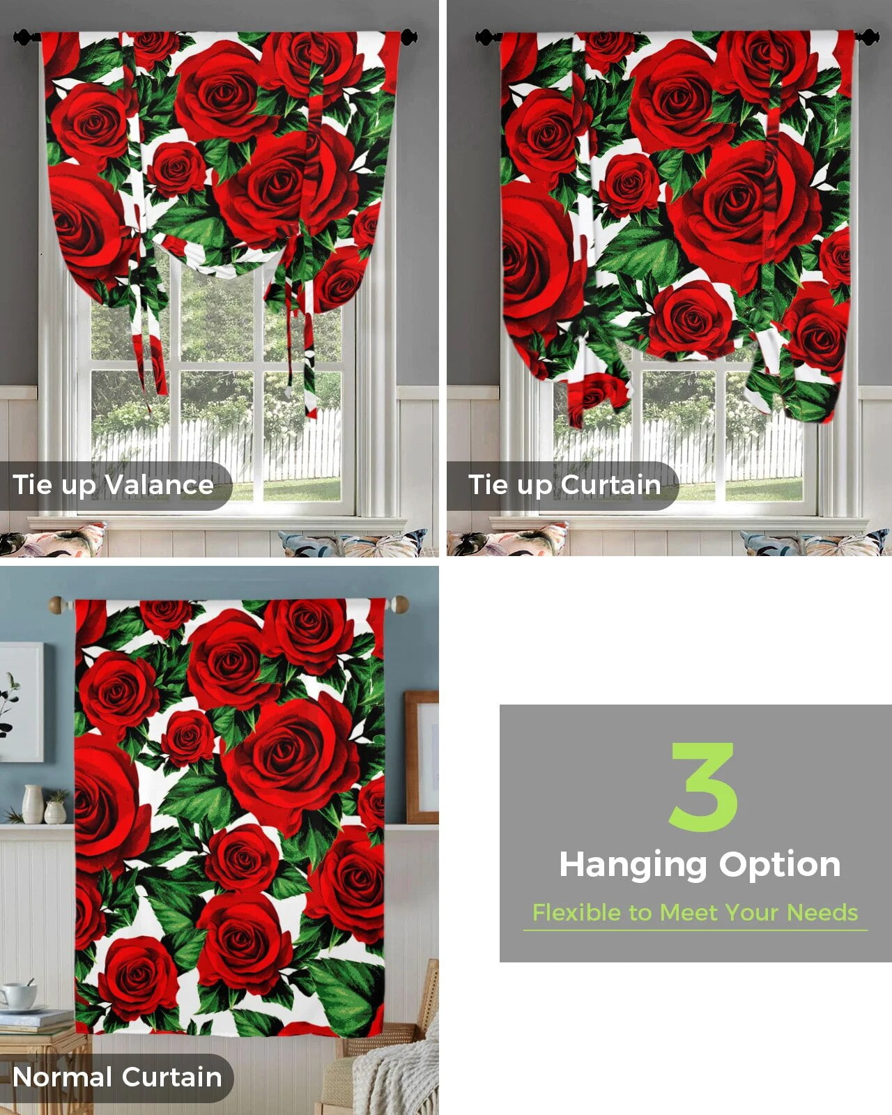 Roses Pink Flowers Curtains for Living Room Bedroom Modern Tie Up ...