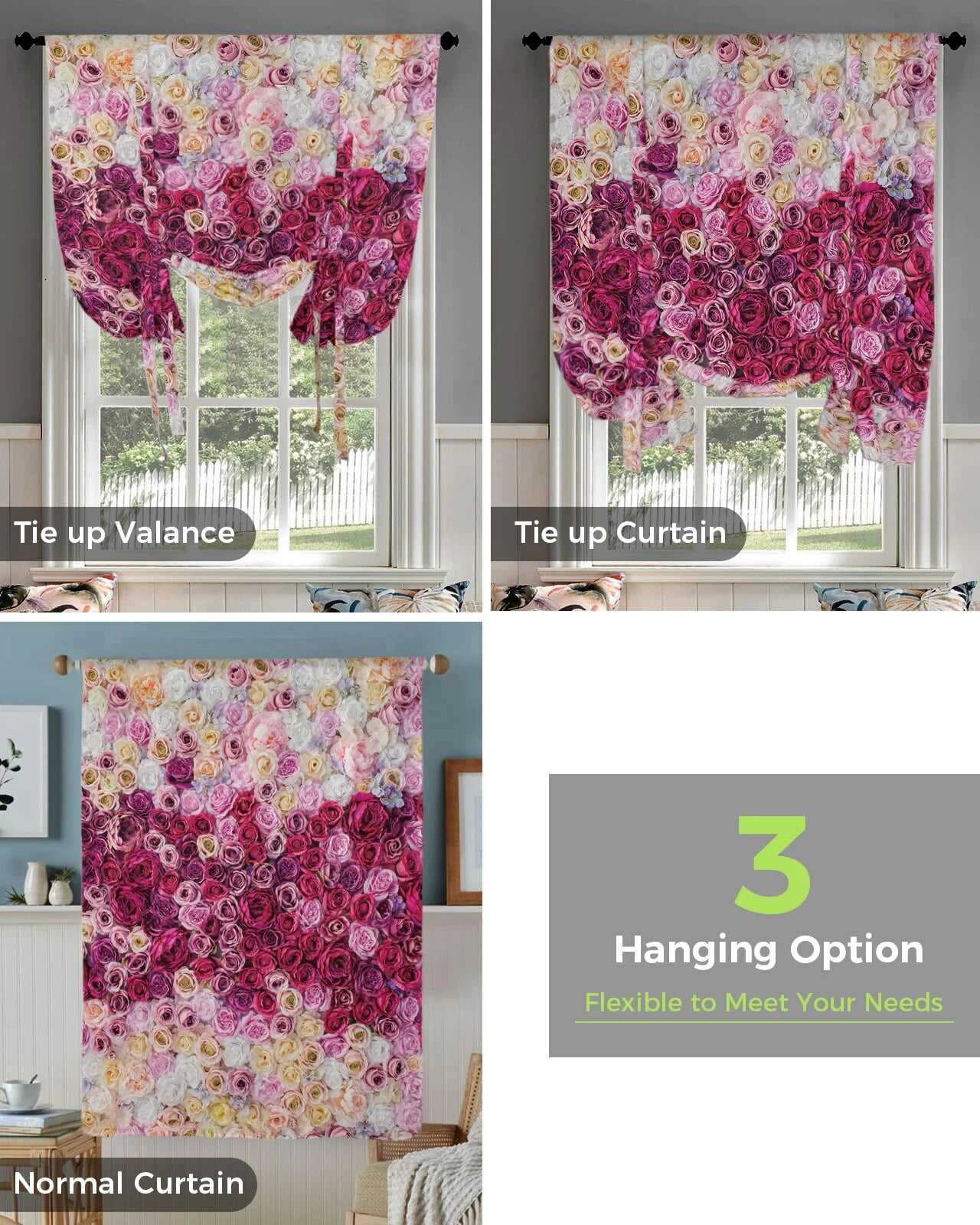 Roses Pink Flowers Curtains for Living Room Bedroom Modern Tie Up ...