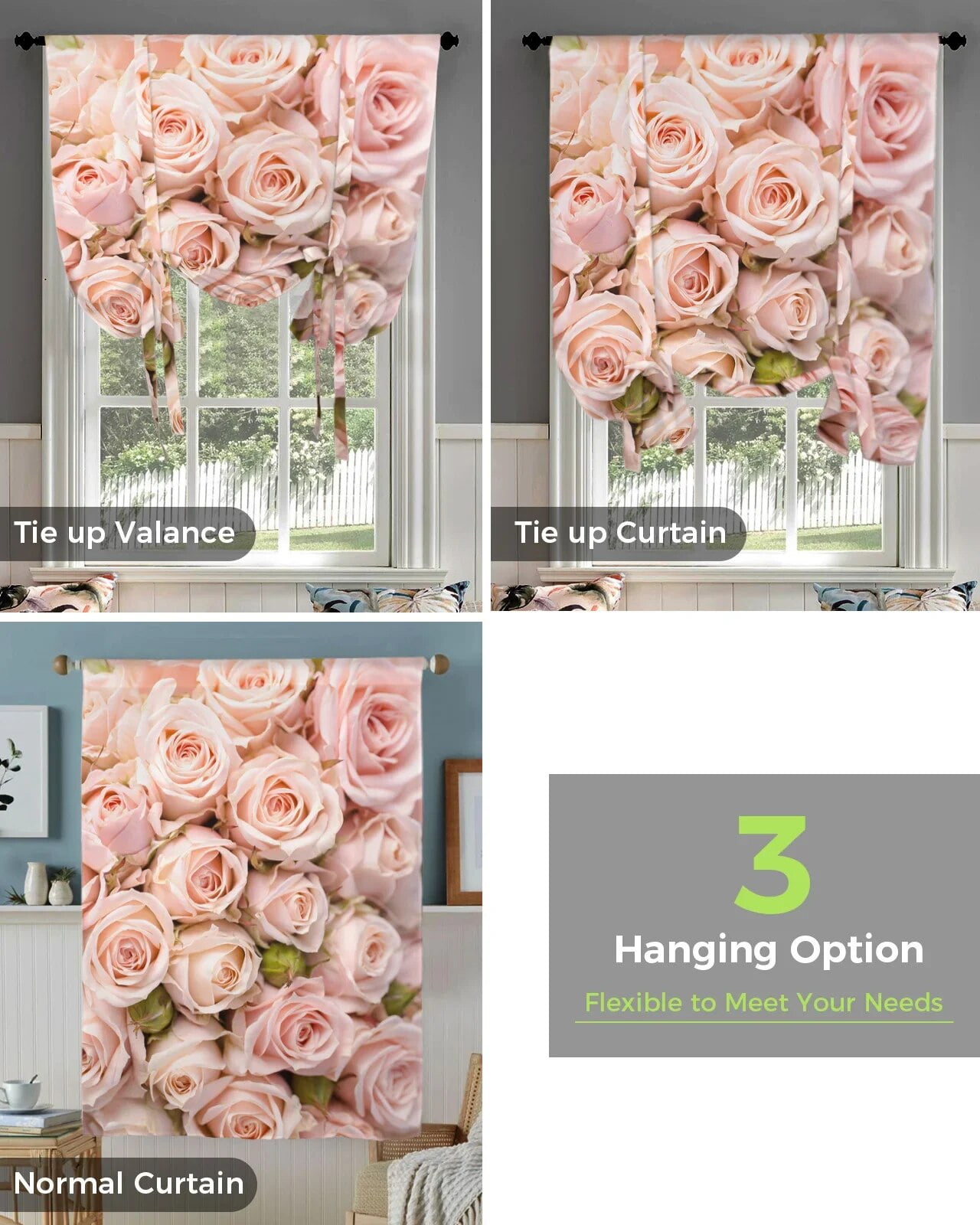 Roses Pink Flowers Curtains for Living Room Bedroom Modern Tie Up ...