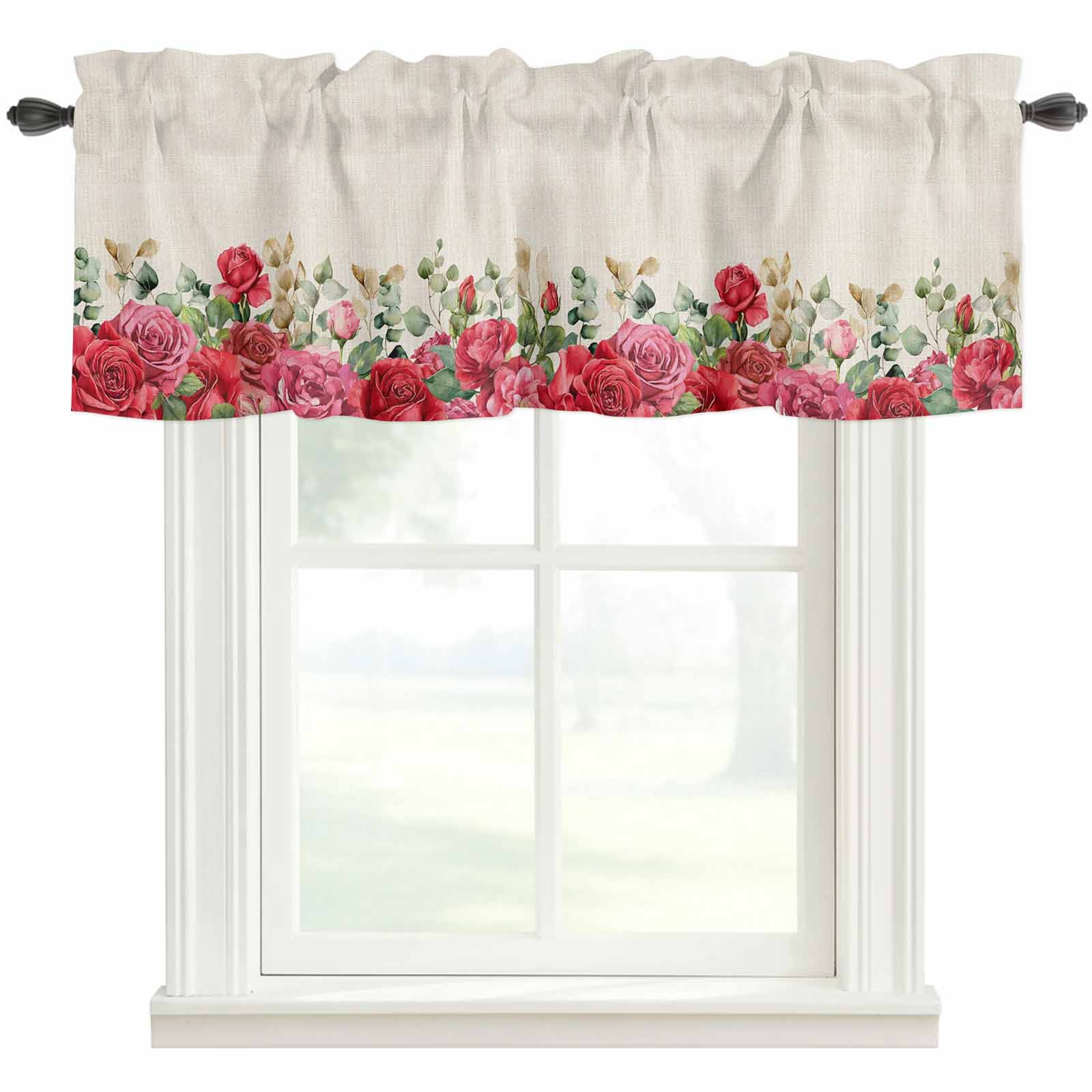 Roses Valentine's Day Rod Pocket Curtain Valance, Eucalyptus Leaves ...