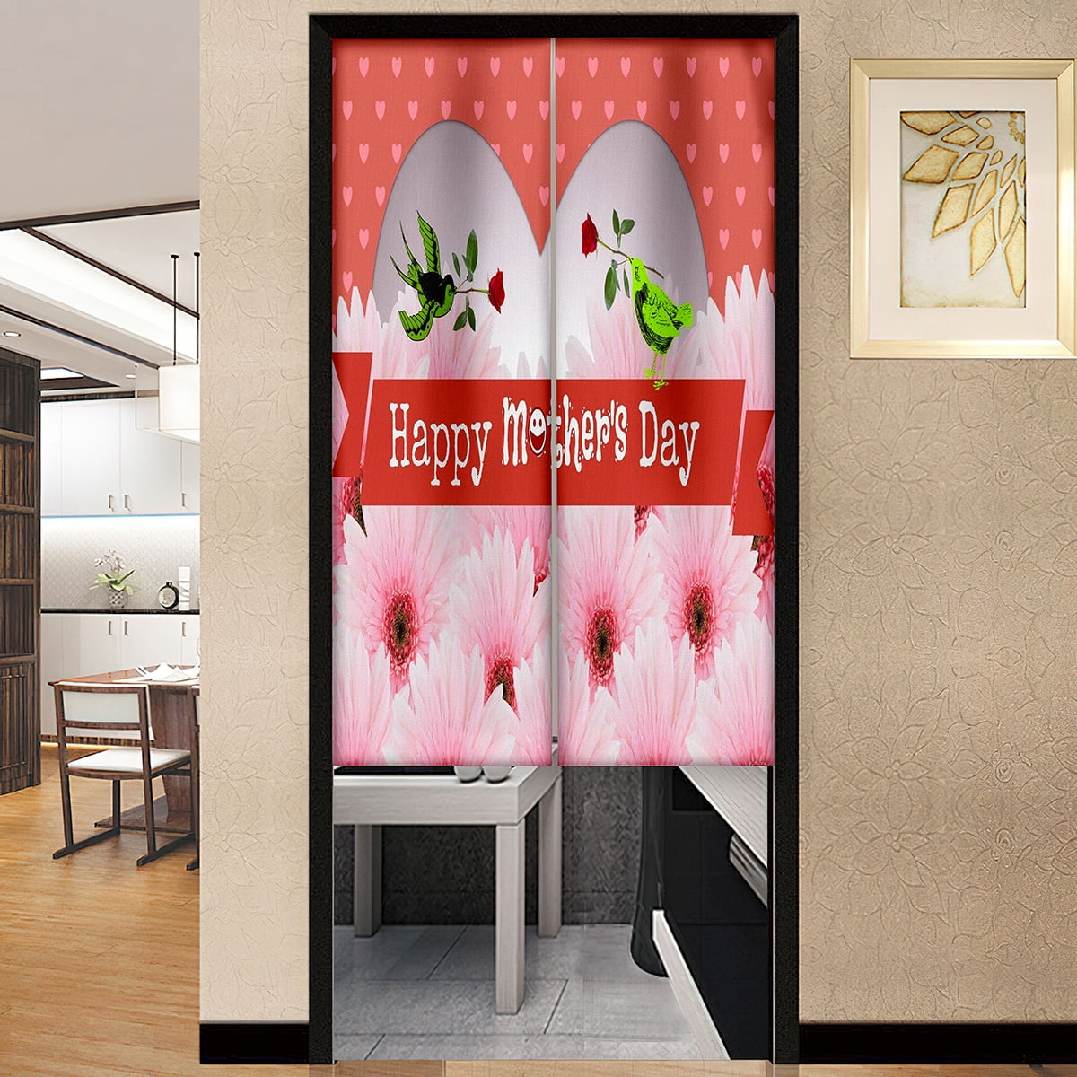Roses Wood Planks Red Heart Japanese Door Curtain Kitchen No Punching ...