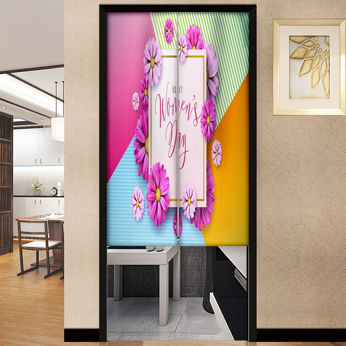 Roses Wood Planks Red Heart Japanese Door Curtain Kitchen No Punching ...