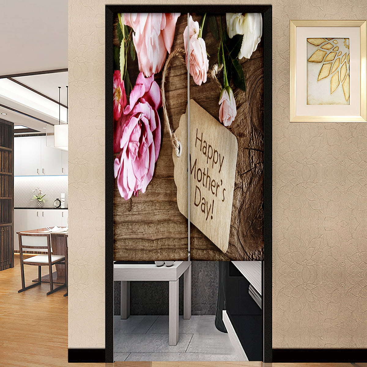 Roses Wood Planks Red Heart Japanese Door Curtain Kitchen No Punching ...