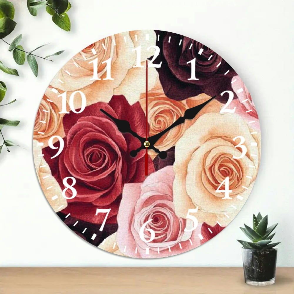 Roses Wooden Wall Clock, Wall Decor for Linving Room Battery Operated ...