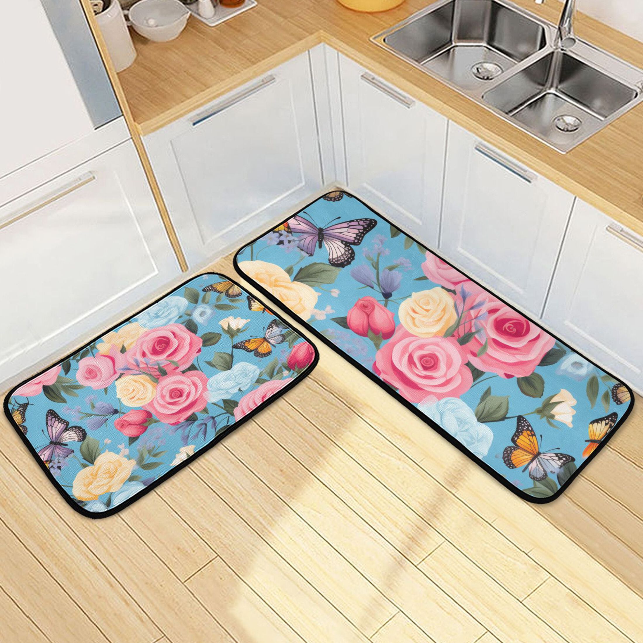Roses and Butterflies Floral Kitchen Rugs Set of 2 Non Slip Floor Foam ...