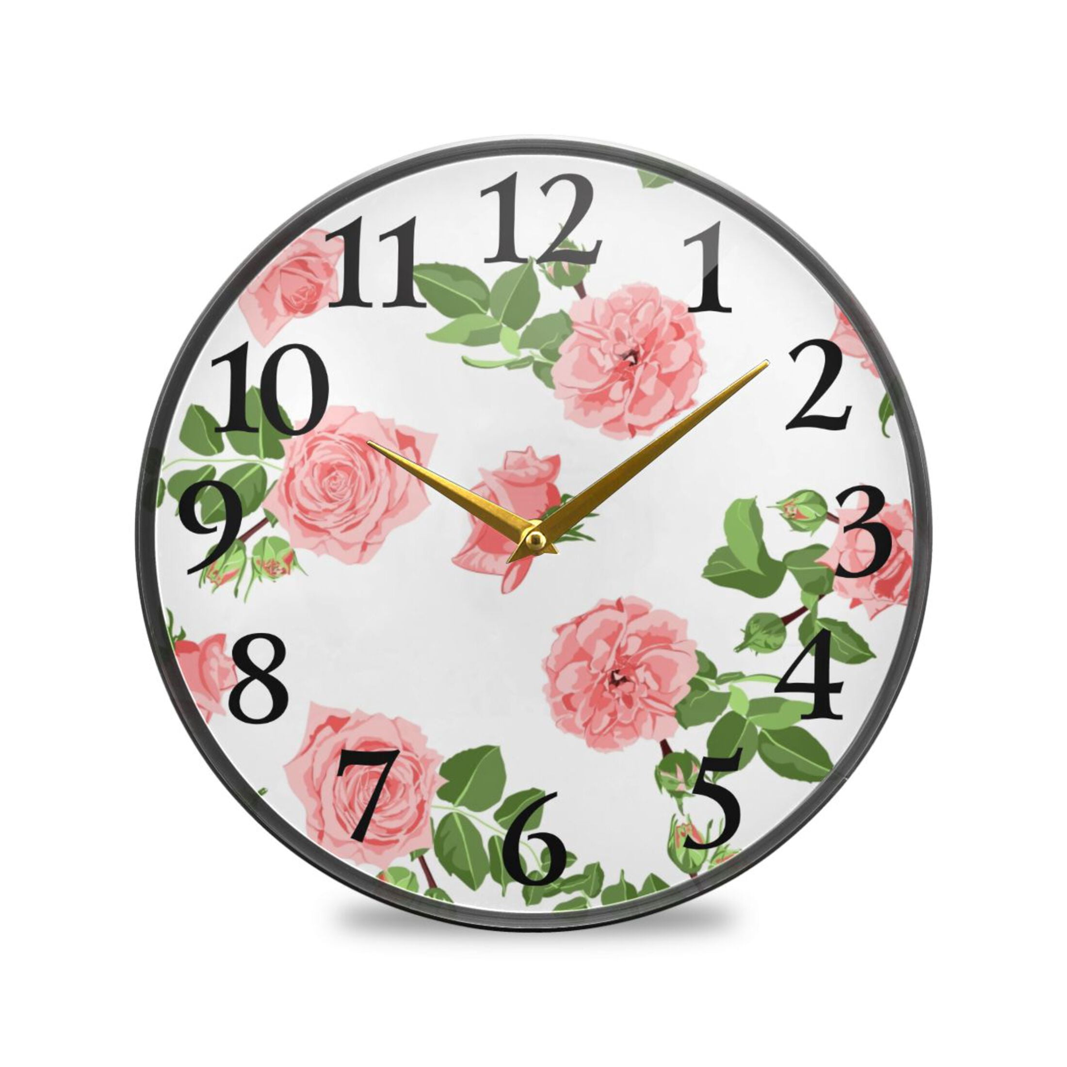 Roses with Green Leaves Wall Clocks Battery Operated 11.9 Inch Round ...