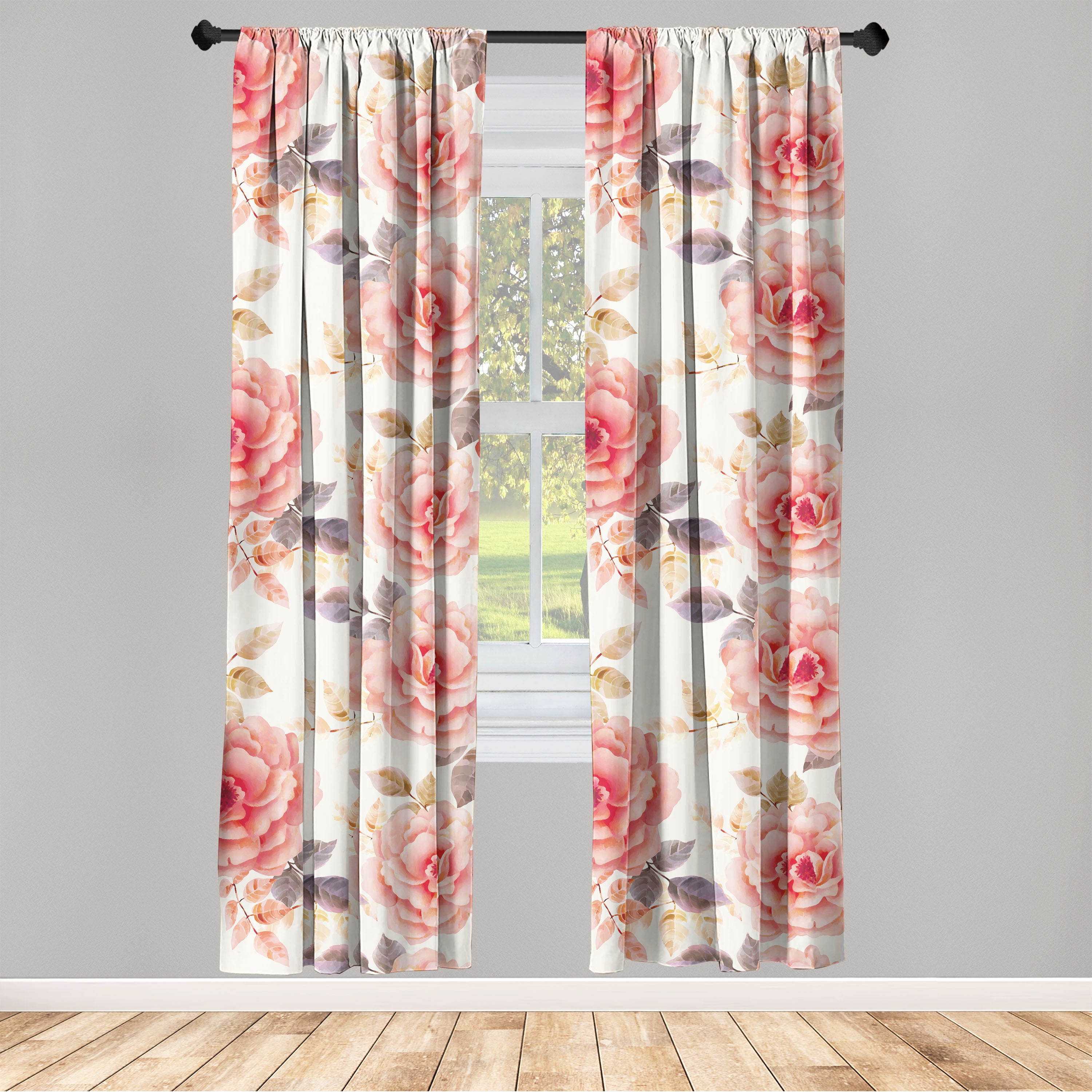 Rosetta Window Curtains, Vintage Design Rose Pattern with Leaves ...