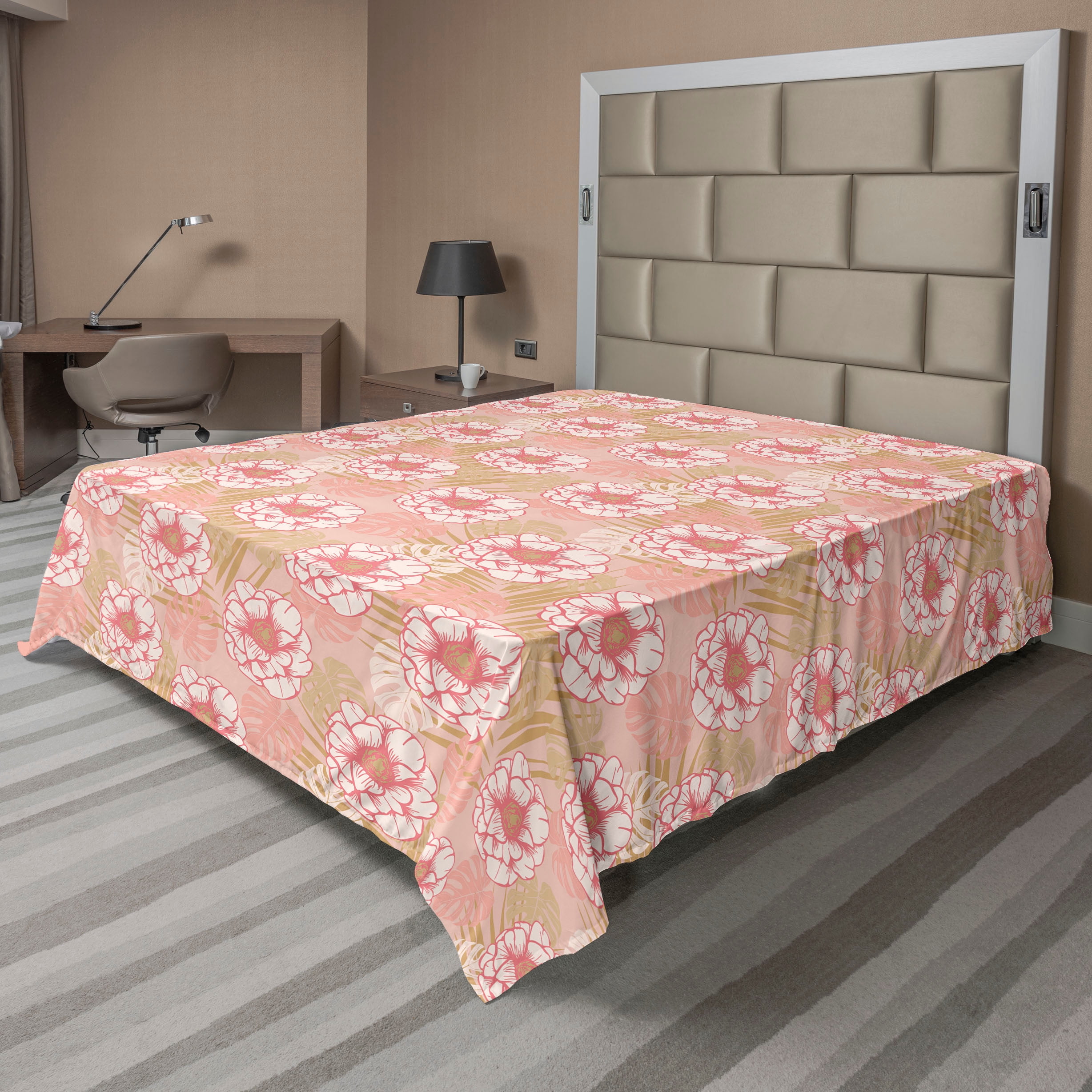 Rosette Pattern Flat Sheet, Aloha Hawaii Vibes Linear Roses on Monstera ...