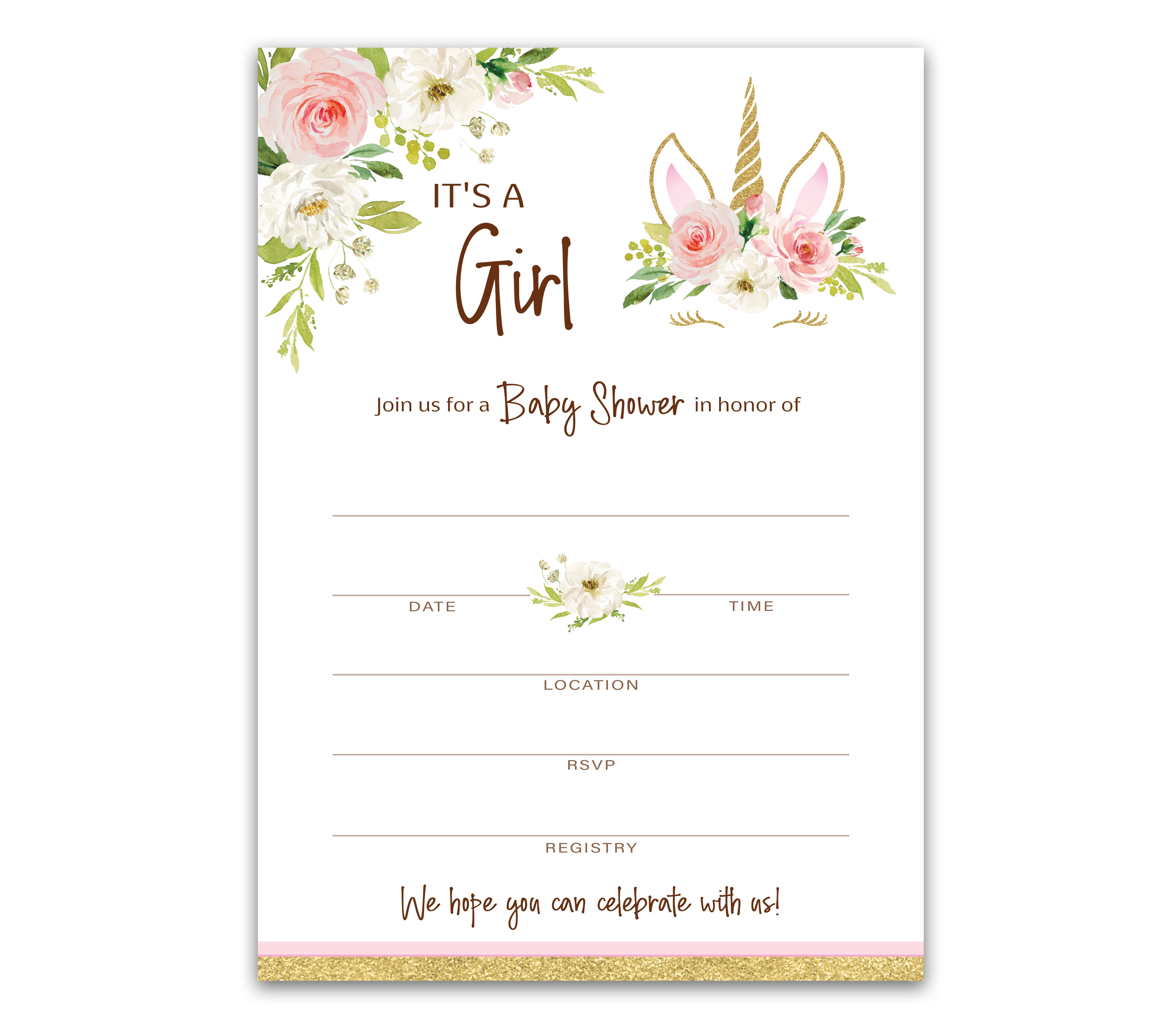 Roseum Collections It’s a Girl UNICORN Baby Shower INVITATIONS — Pack ...