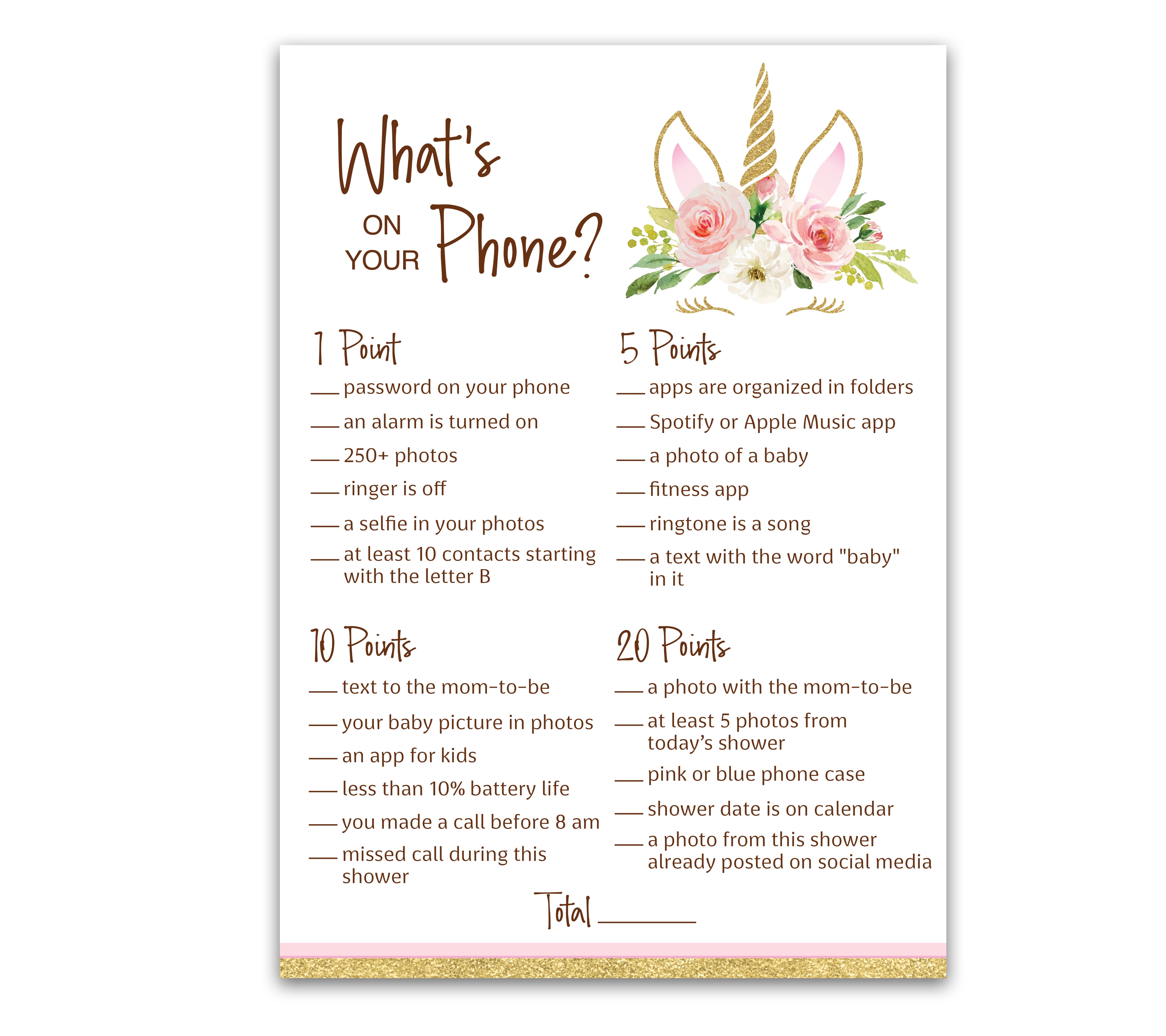 Roseum Collections UNICORN Baby Shower Games — WHAT'S ON YOUR PHONE ...