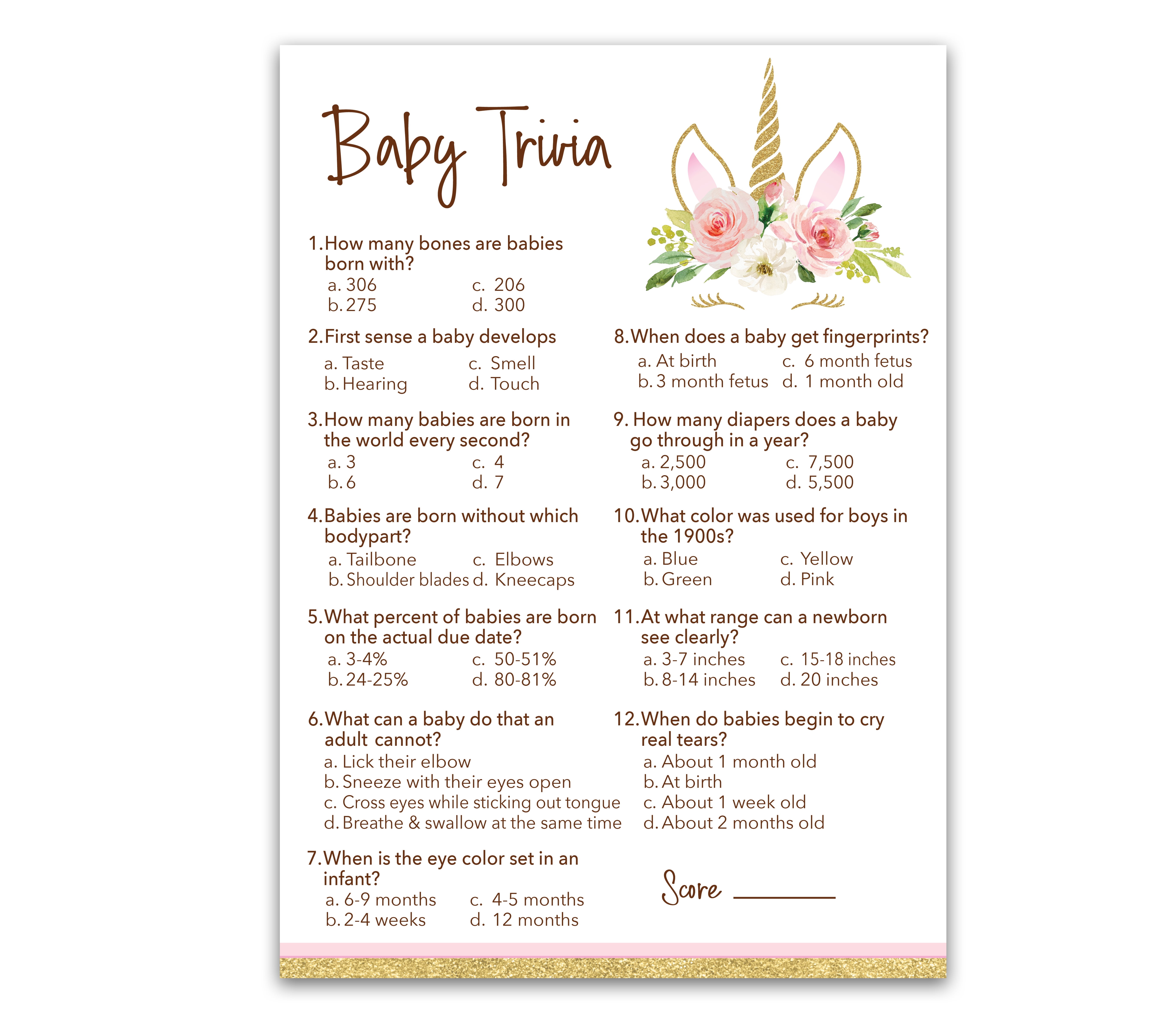 Roseum Collections UNICORN GIRL Baby Shower Game — BABY TRIVIA Games ...