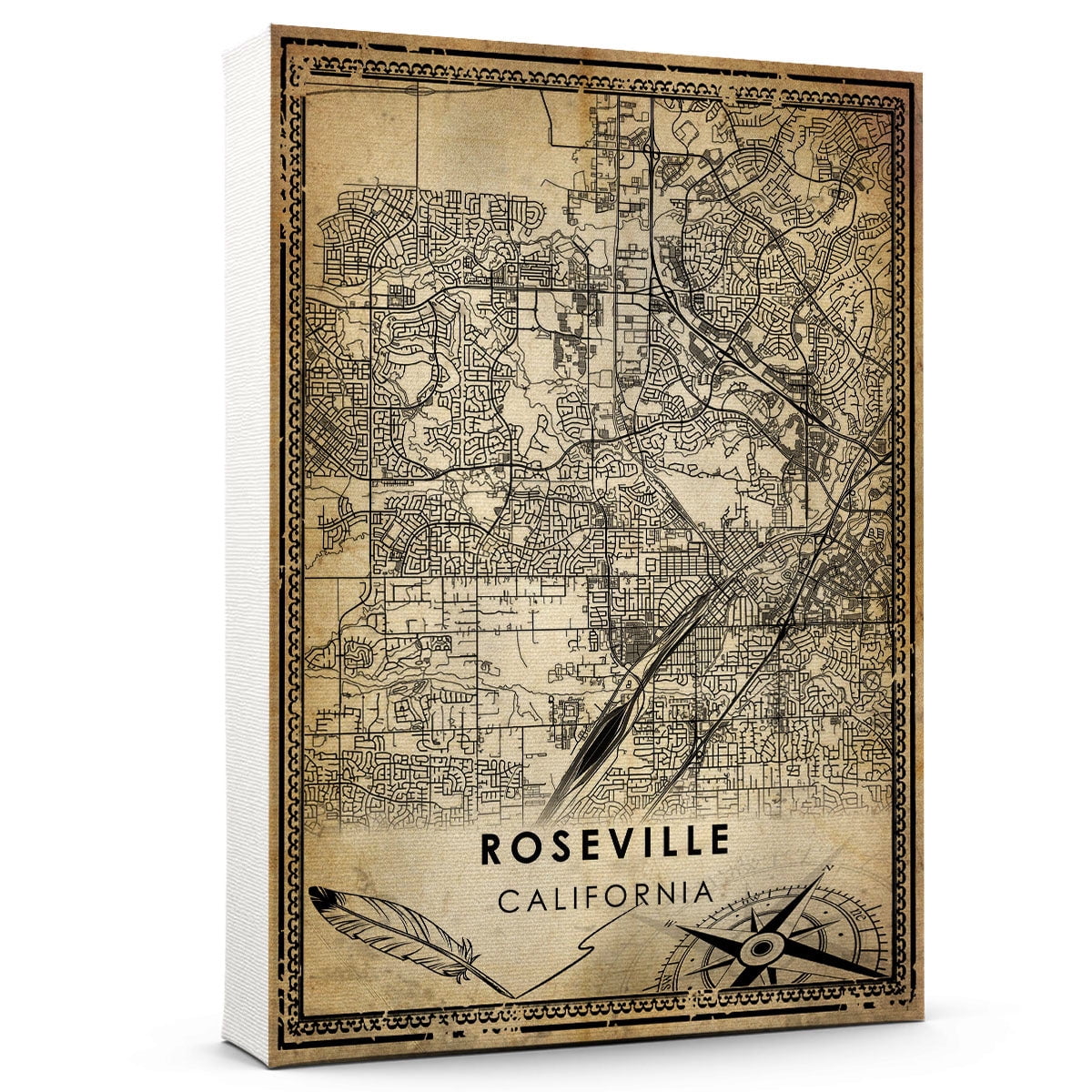 Roseville Vintage Map Prints Canvas, California Map Art Canvas, Canvas ...